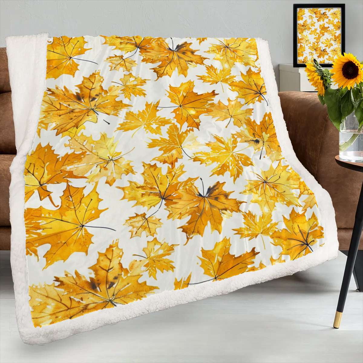 Autumn Yellow Leaves Maple Leaf Sherpa Blanket Throw Blanket For Bed Chair Sofa Blanket For ...
