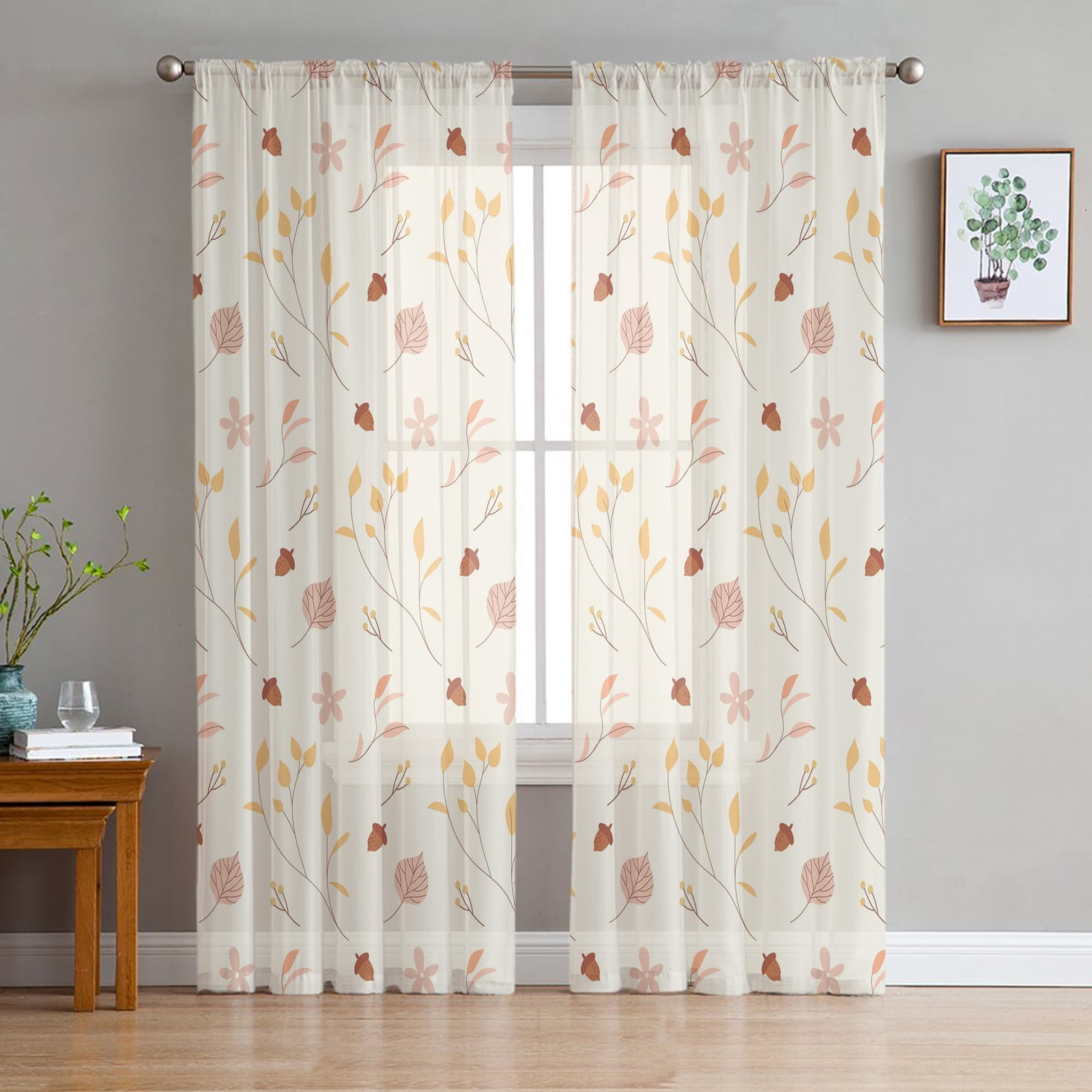 Autumn Yellow Leaves Pine Nuts Tulle Curtains for Living Room Bedroom ...