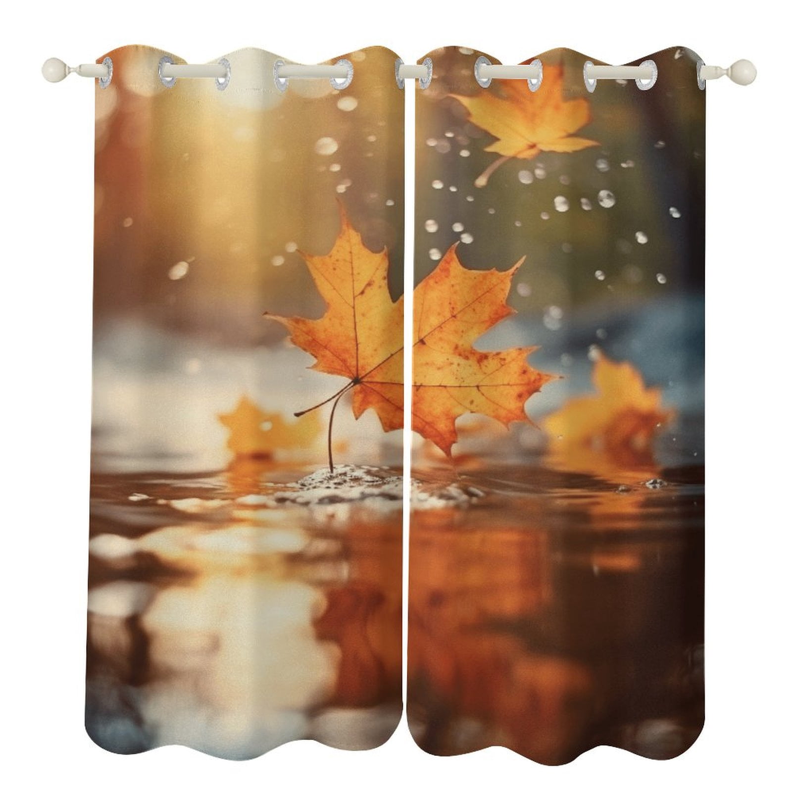 Autumn Yellow Maple Leaves 2 Panel Curtain Set, Watercolor Painting ...