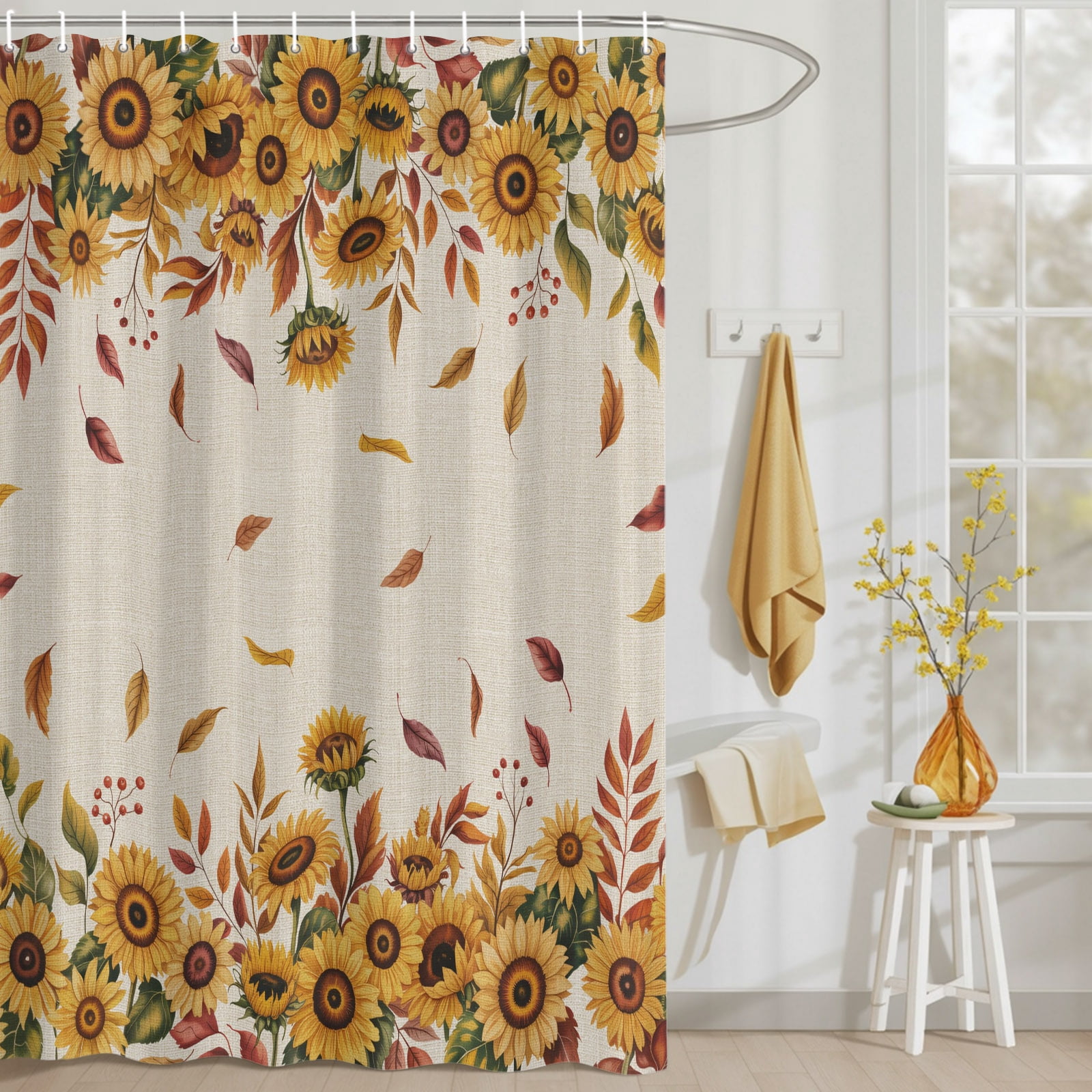 Autumn Yellow Sunflower Leaf Shower Curtain Set, Waterproof Shower ...