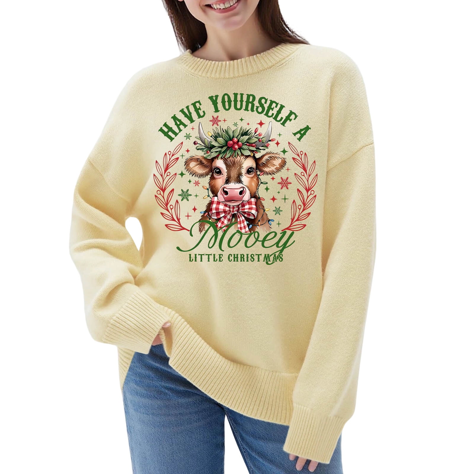 Autumn and Winter Festive Knit Pullover Cozy Themed Print Soft Yarn ...