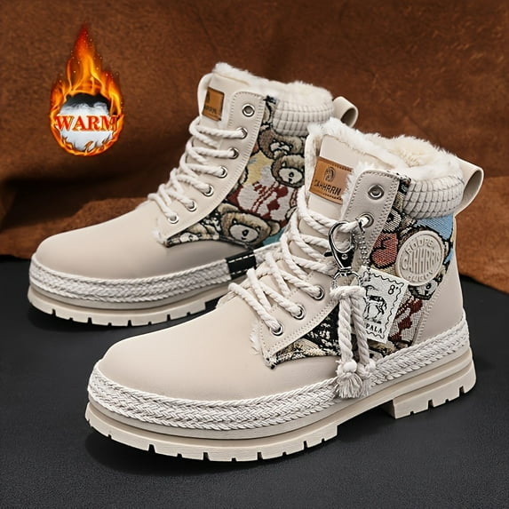 Autumn and Winter New Men's High-top Grass Weave Bear Pattern Boots ...