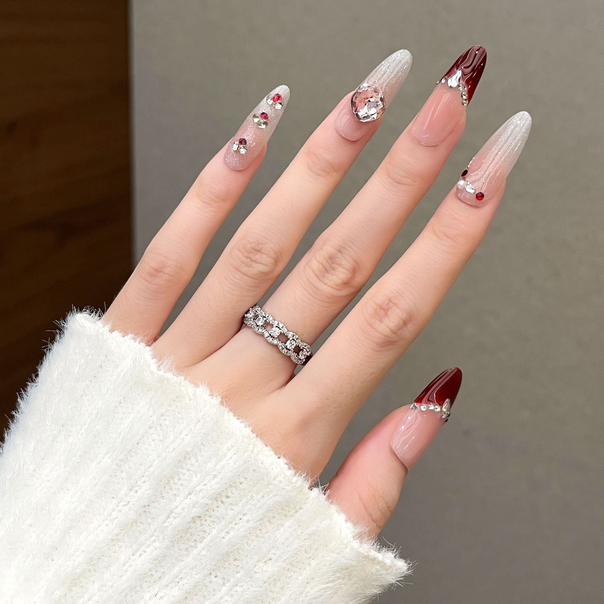 Autumn and winter new handmade medium oval wearing nail art red French ...
