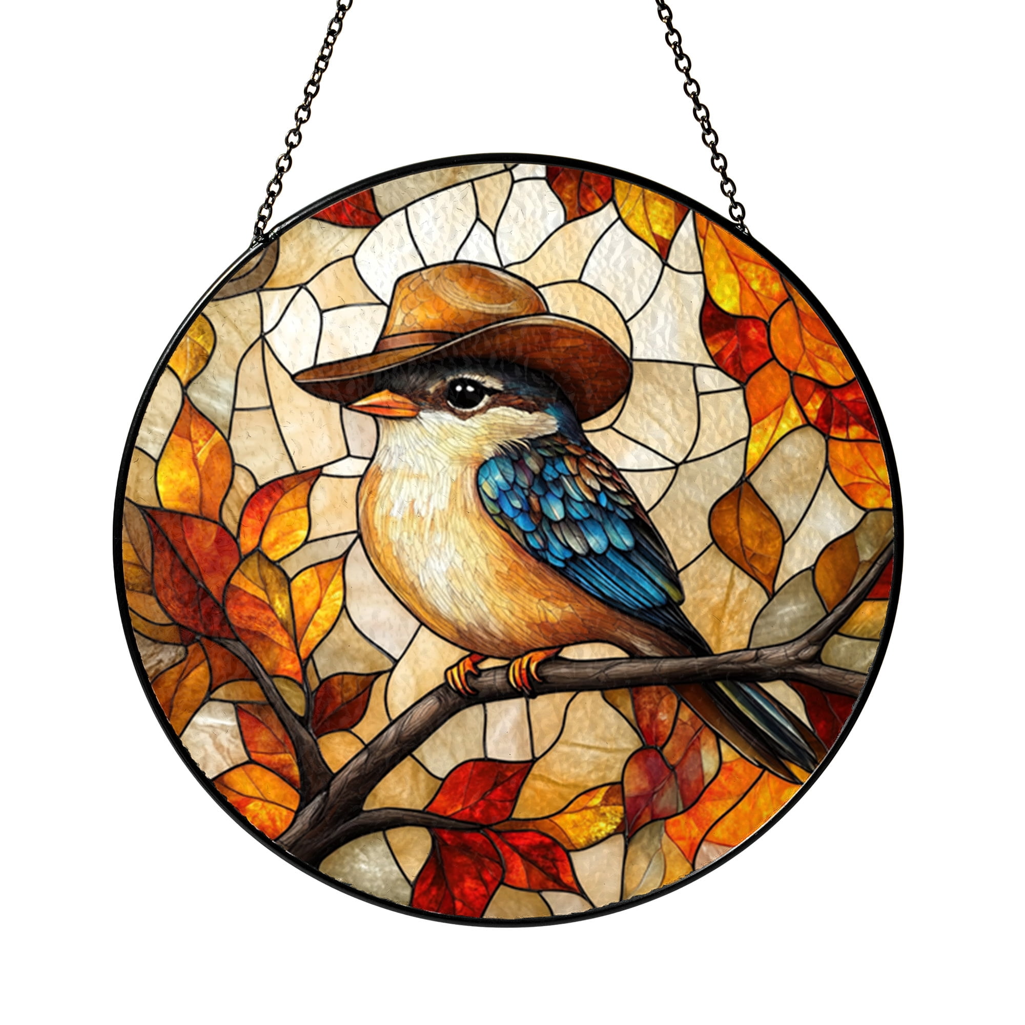 Autumn bird stained glass suncatcher, fall leaves window art with ...