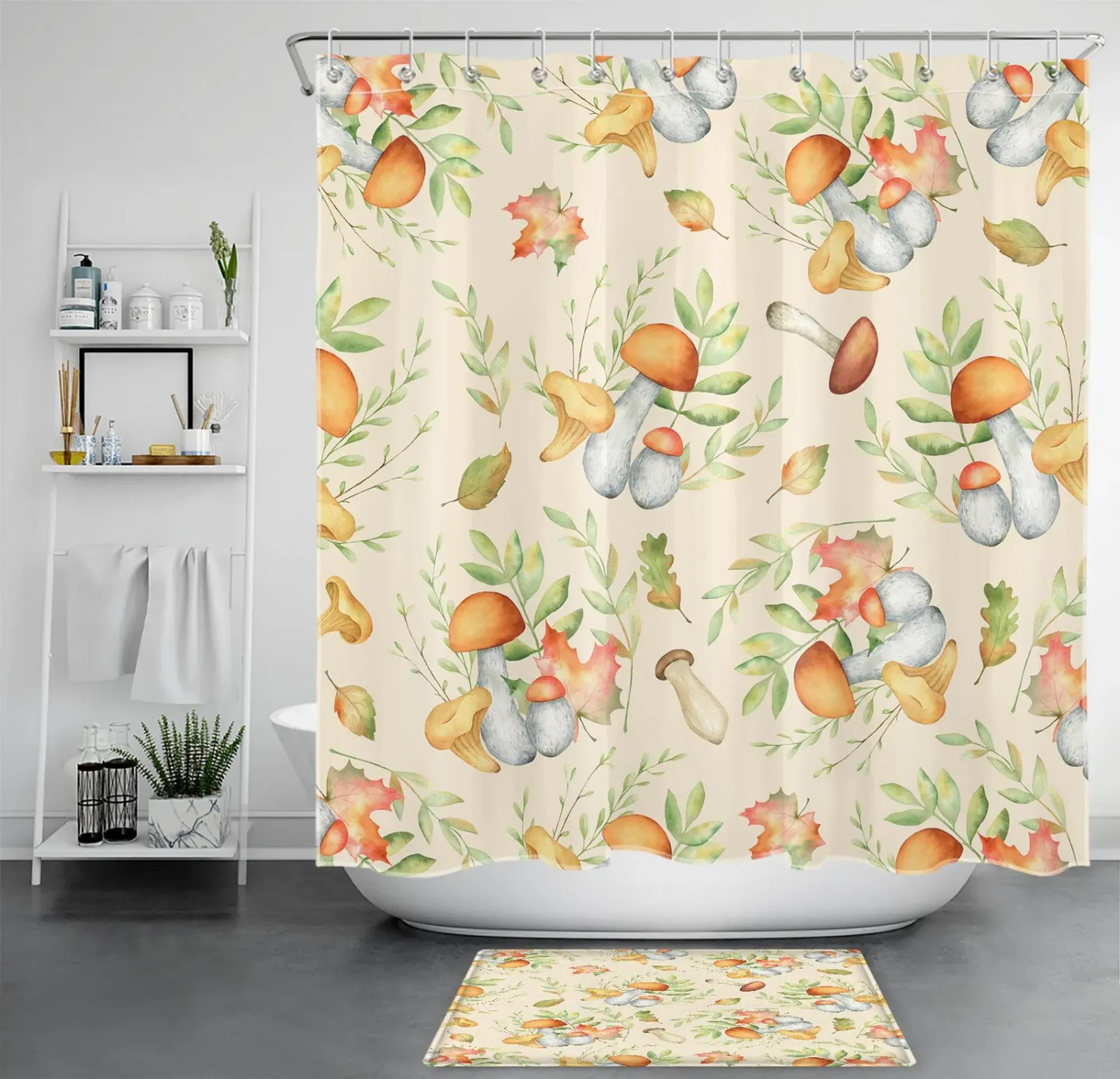 Autumnal Bliss Beige And Green Shower Curtain Set With Leaf Mushroom