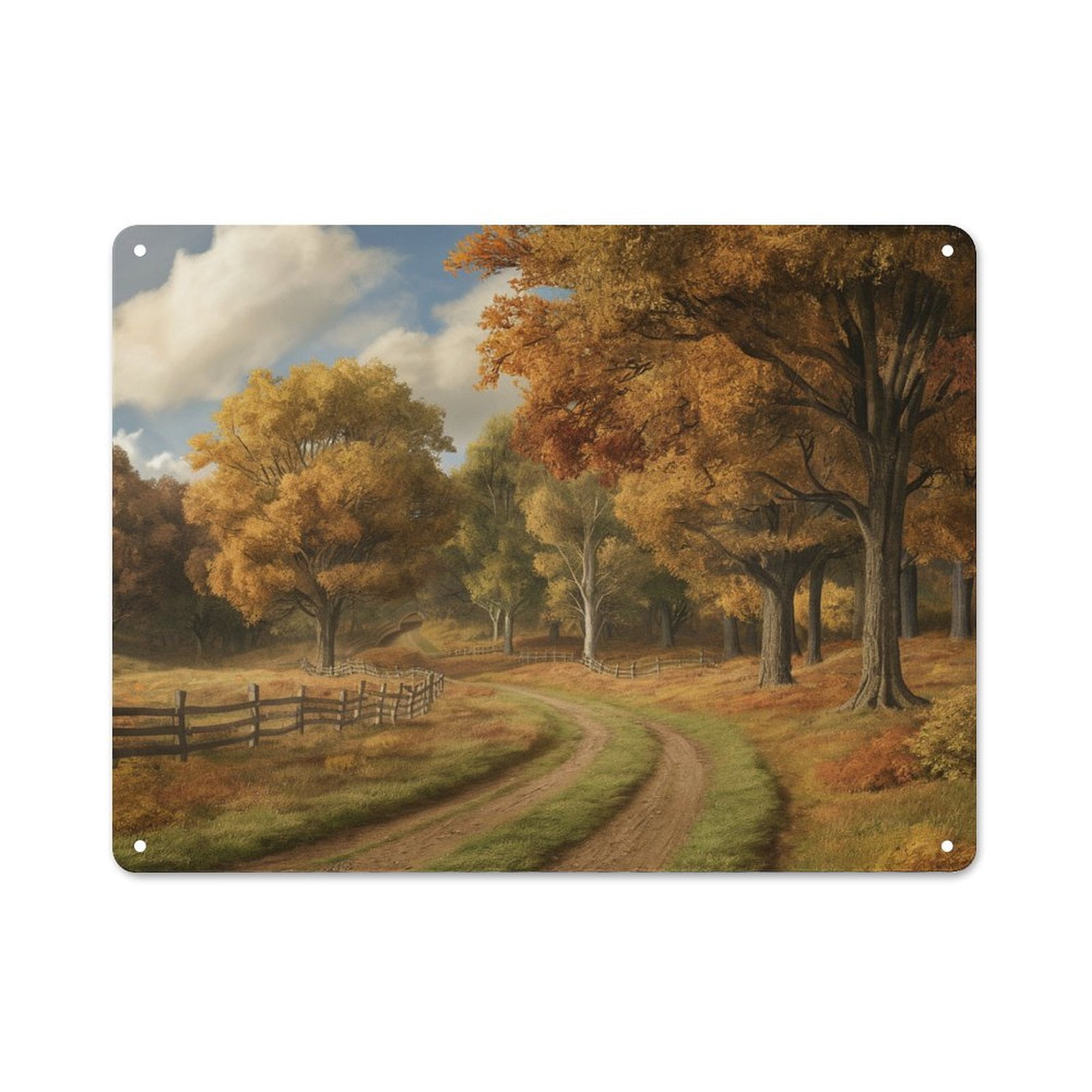 Autumnal Forest Path with Wooden Fence Metal Tin Sign - Durable ...