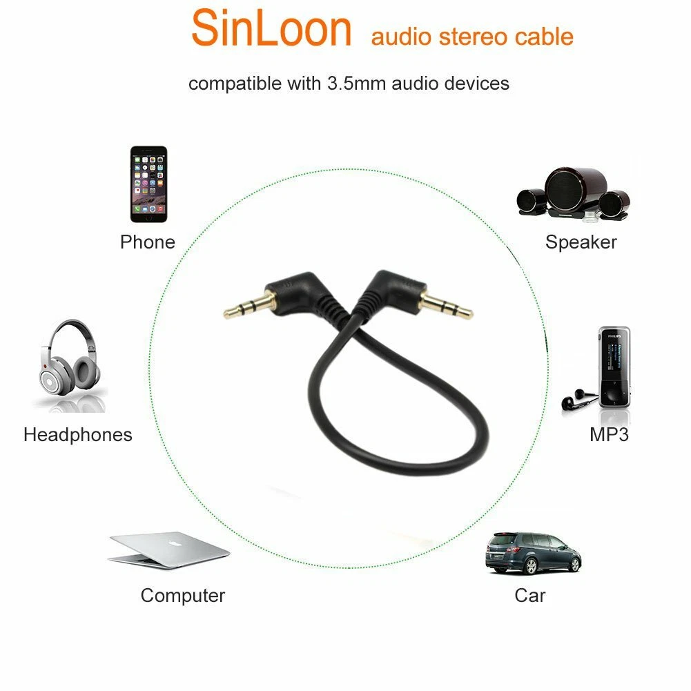 Aux Cord 90 Degree Angle Short Auxiliary Cable Male to Male Stereo 3 ...
