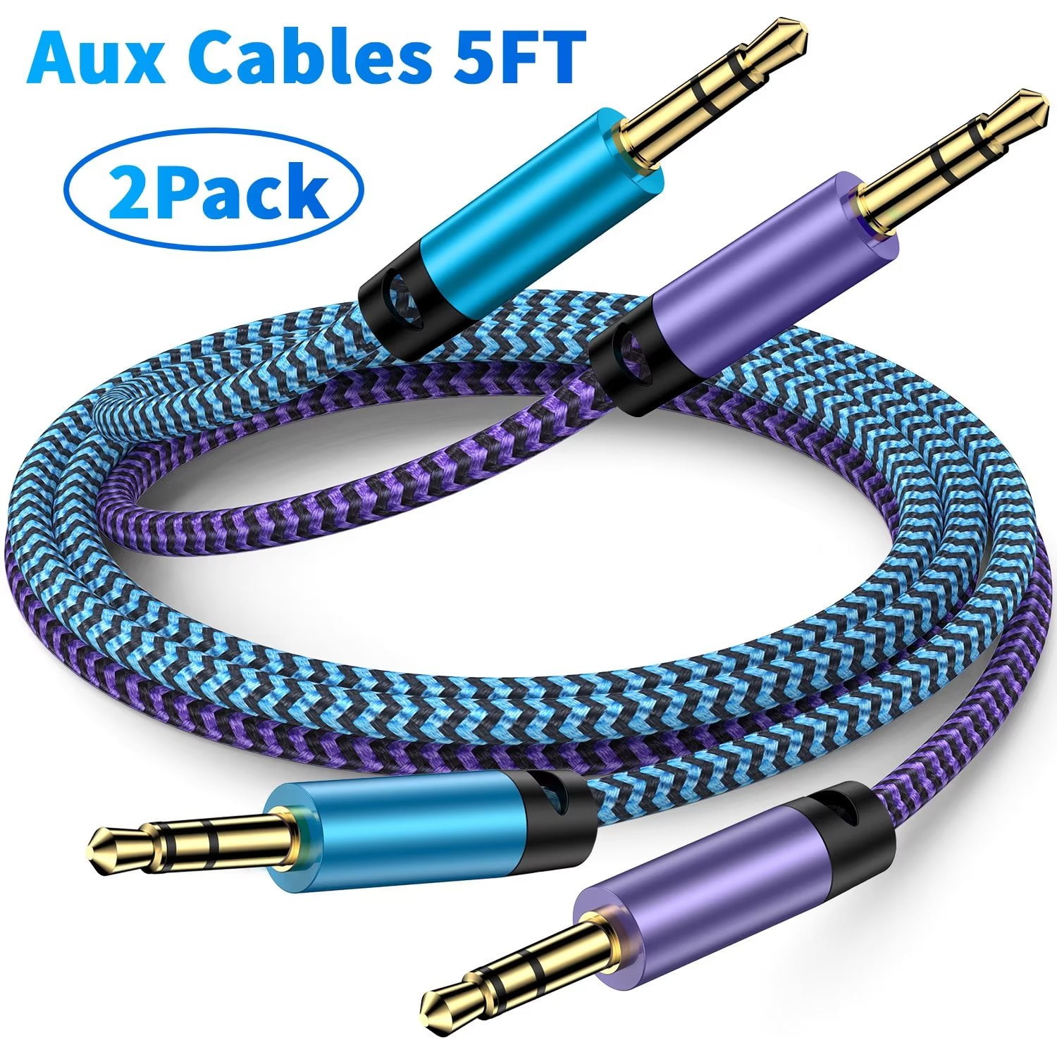 FiveBox 2Pack Aux Jack Cables 5ft for iPhone, iPod Adapter, Music ...