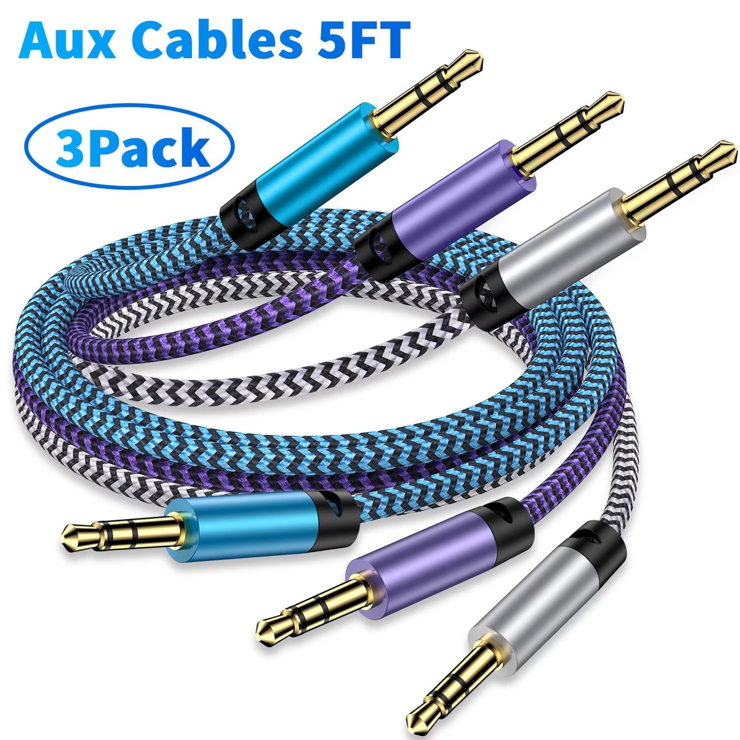 FiveBox Aux Jack Cables 5ft 3-Pack, 3.5mm Male to Male Audio Cable for ...