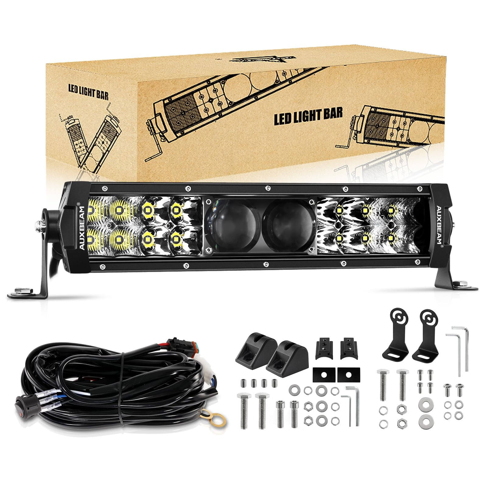 Auxbeam 12 Inch LED SSF20 Light Bar 100W 12000LM Waterproof Dual Row ...