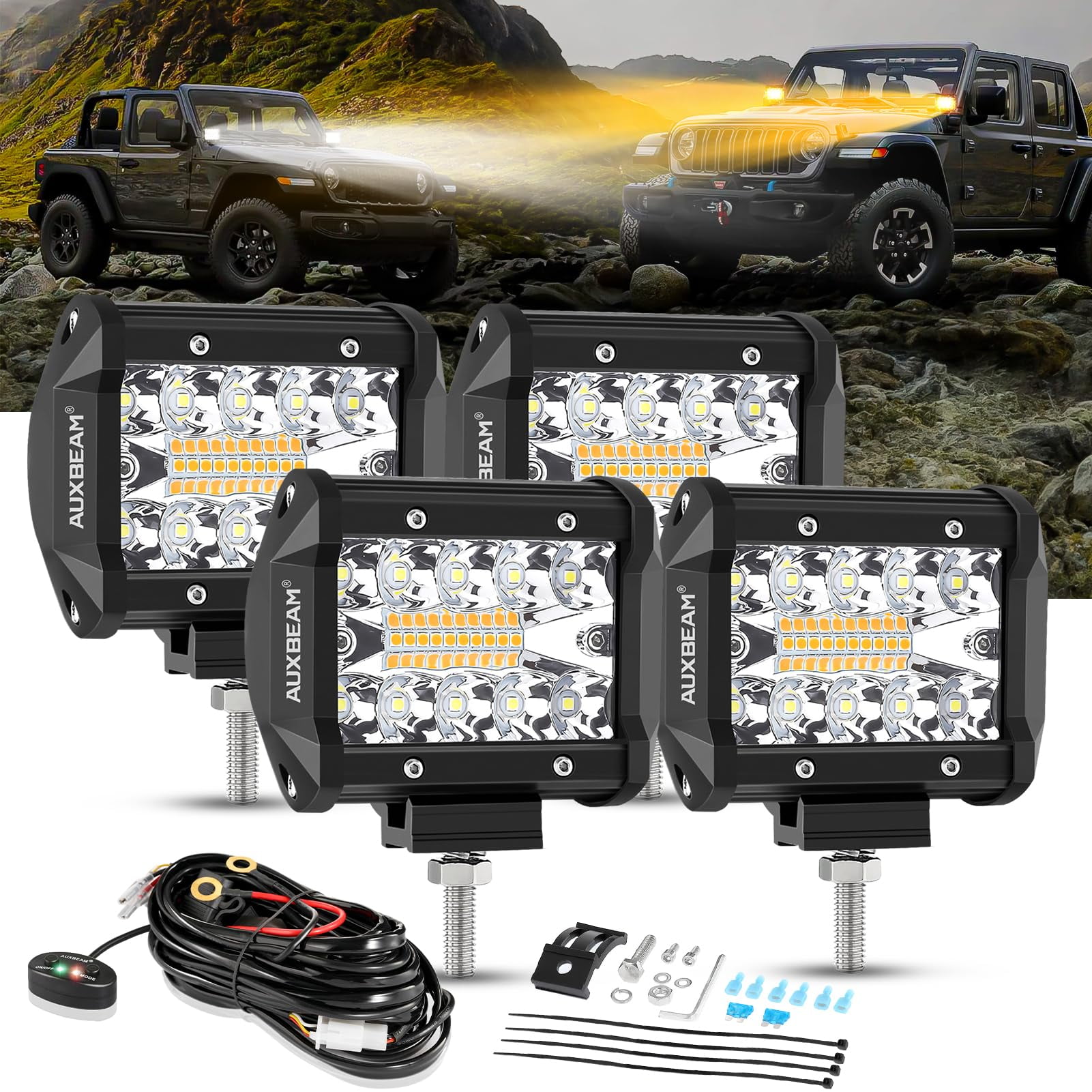Auxbeam 4 Inch 240W LED Pods 4 Pack, Amber/White/Strobe 6 Modes Light ...