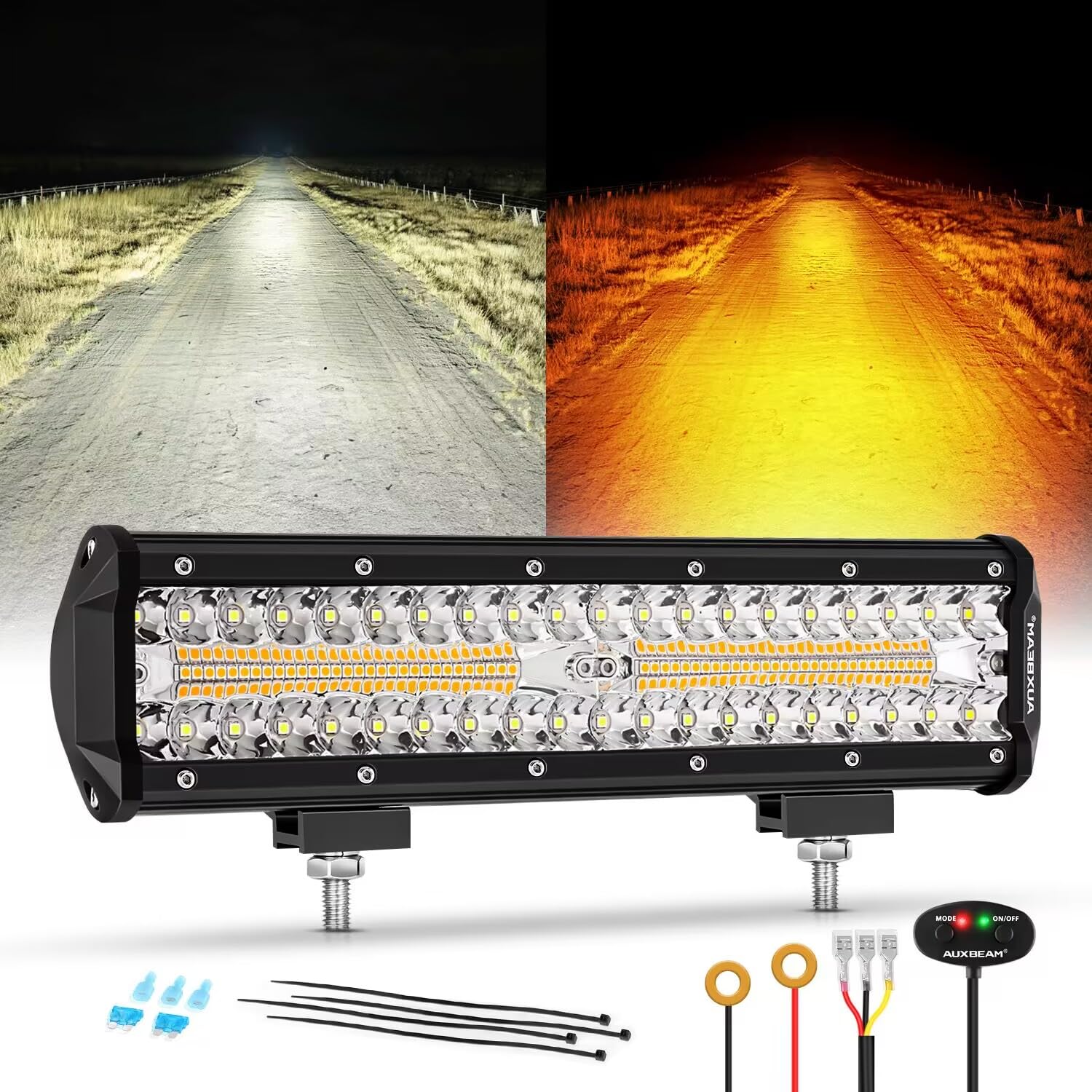 Auxbeam 6 Modes Amber White Series 12 Inch 300W LED Light Bar Dual ...