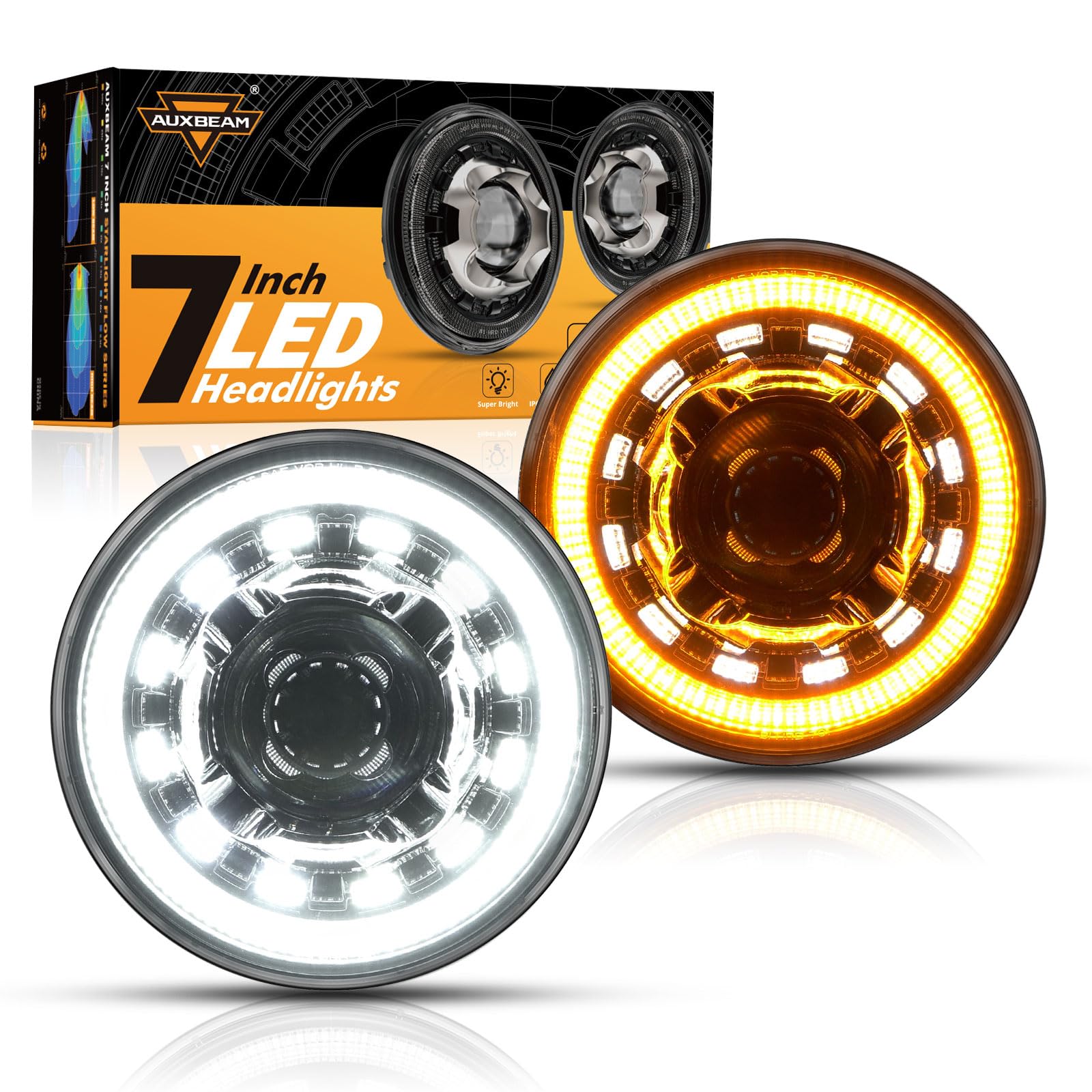 Auxbeam 7 Inch LED Headlights Round H6024 with Turn Signal & Start-up ...