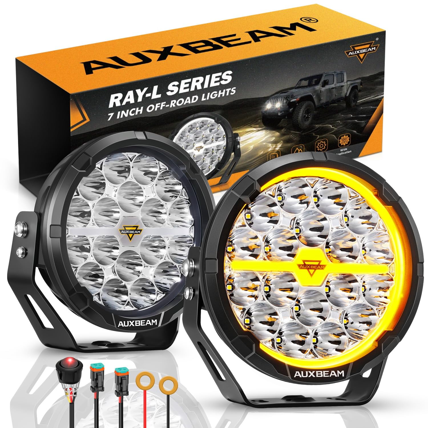 Auxbeam RAY-L Series 7 Inch Round Offroad Light Bar 240W 25800LM with ...
