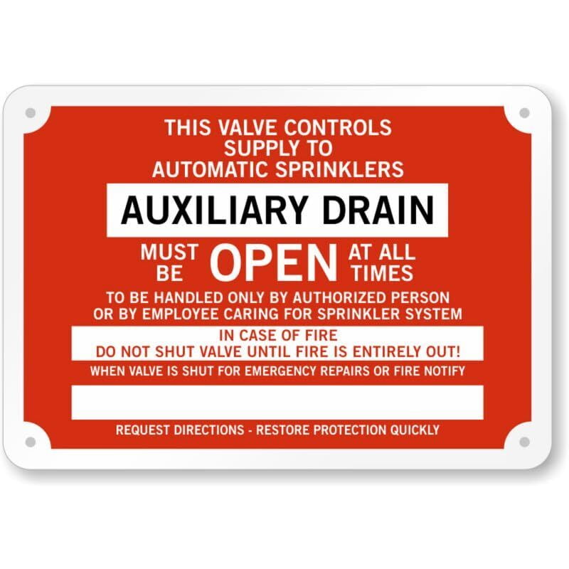 Auxiliary Drain Sprinkler Identification Weatherproof Metal Sign SIZE ...