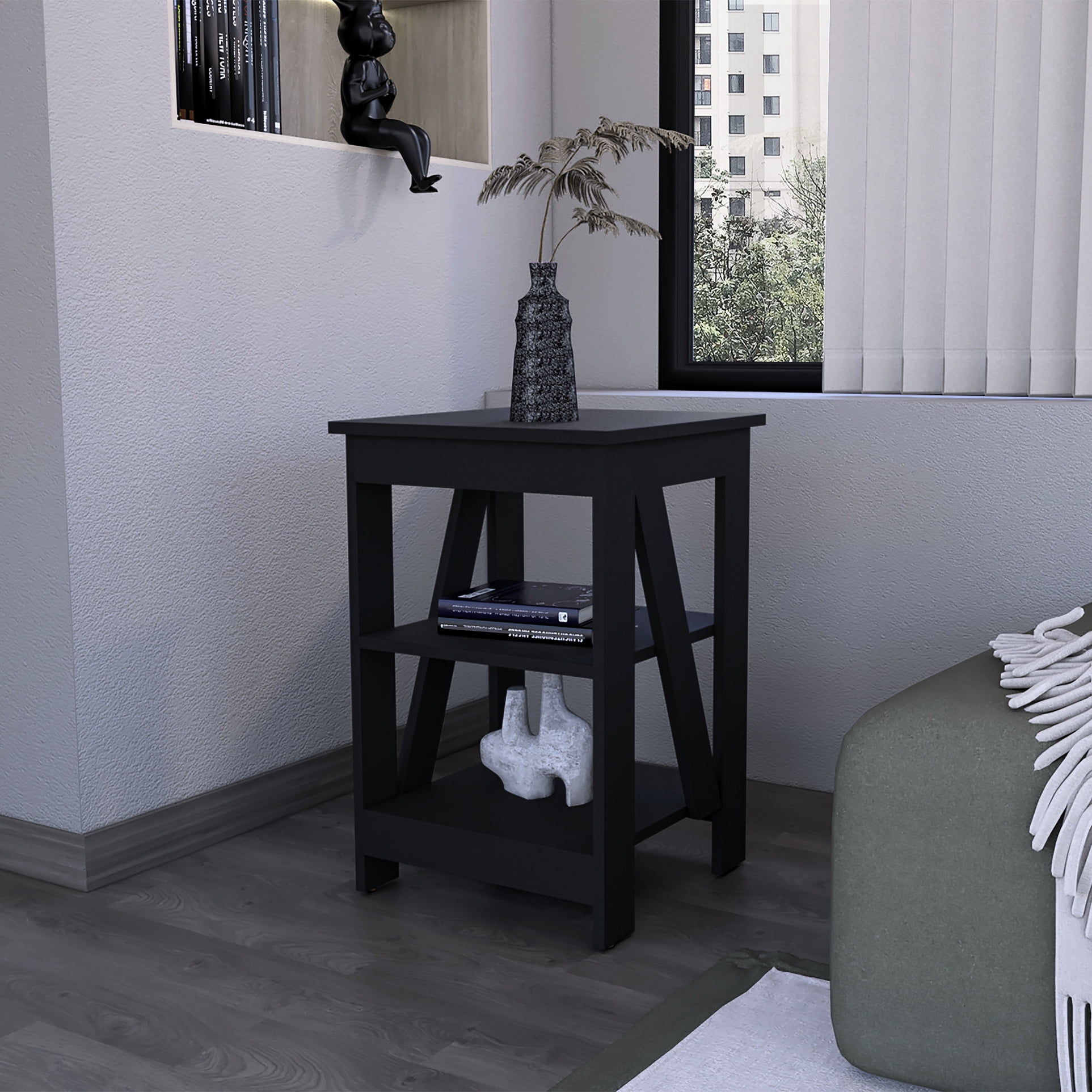 Auxiliary Table In Black, 2 Shelves, Engineered Wood, Rectangular ...