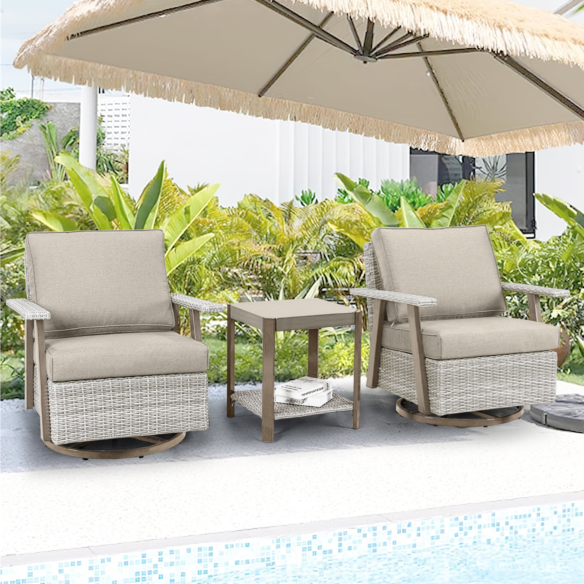 Auzfy 3 Piece Rocker Patio Set, PE Wicker Swivel Rocking Chairs and ...