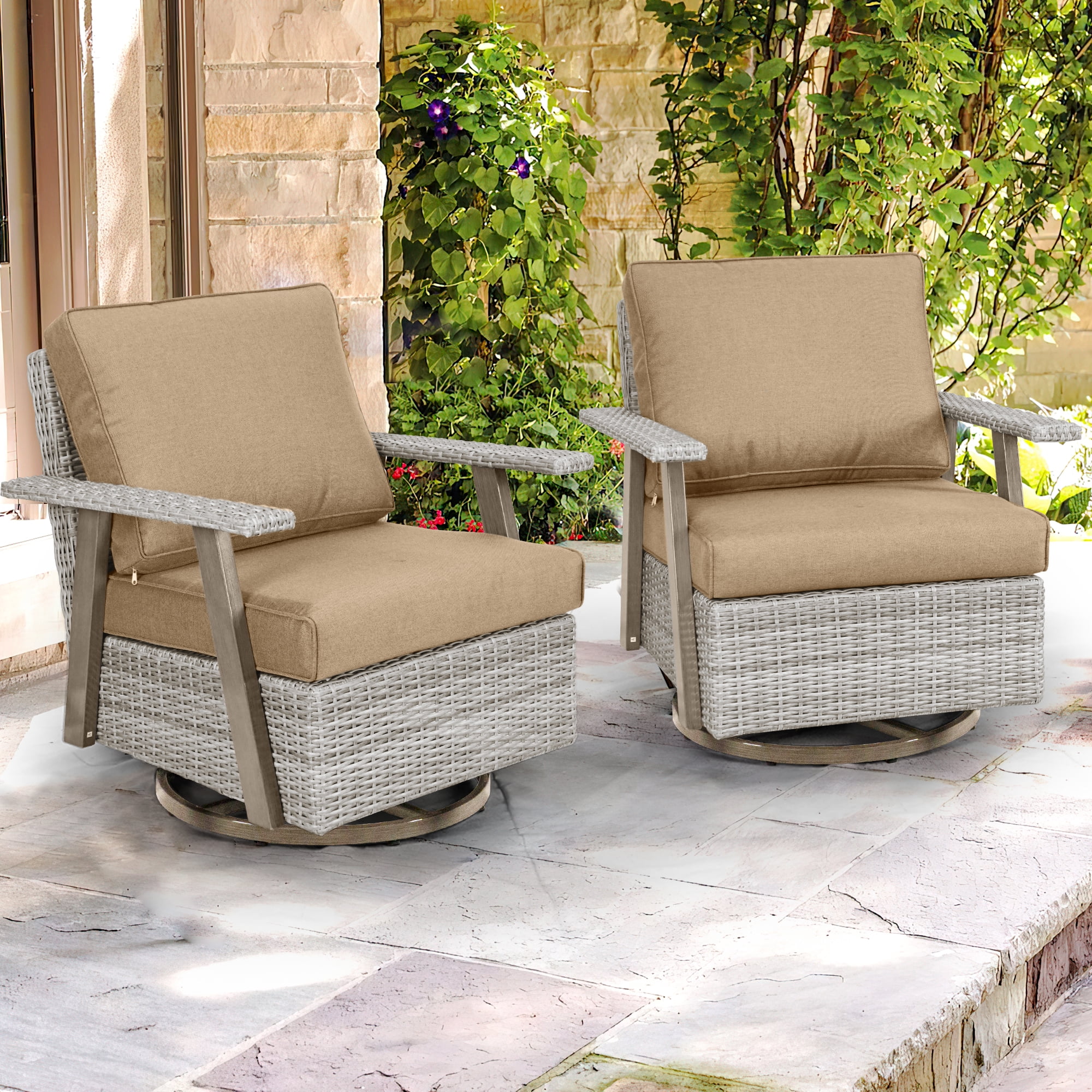 Auzfy Oversized Patio Wicker Swivel Rocker Chairs Set of 2 for Outdoor ...