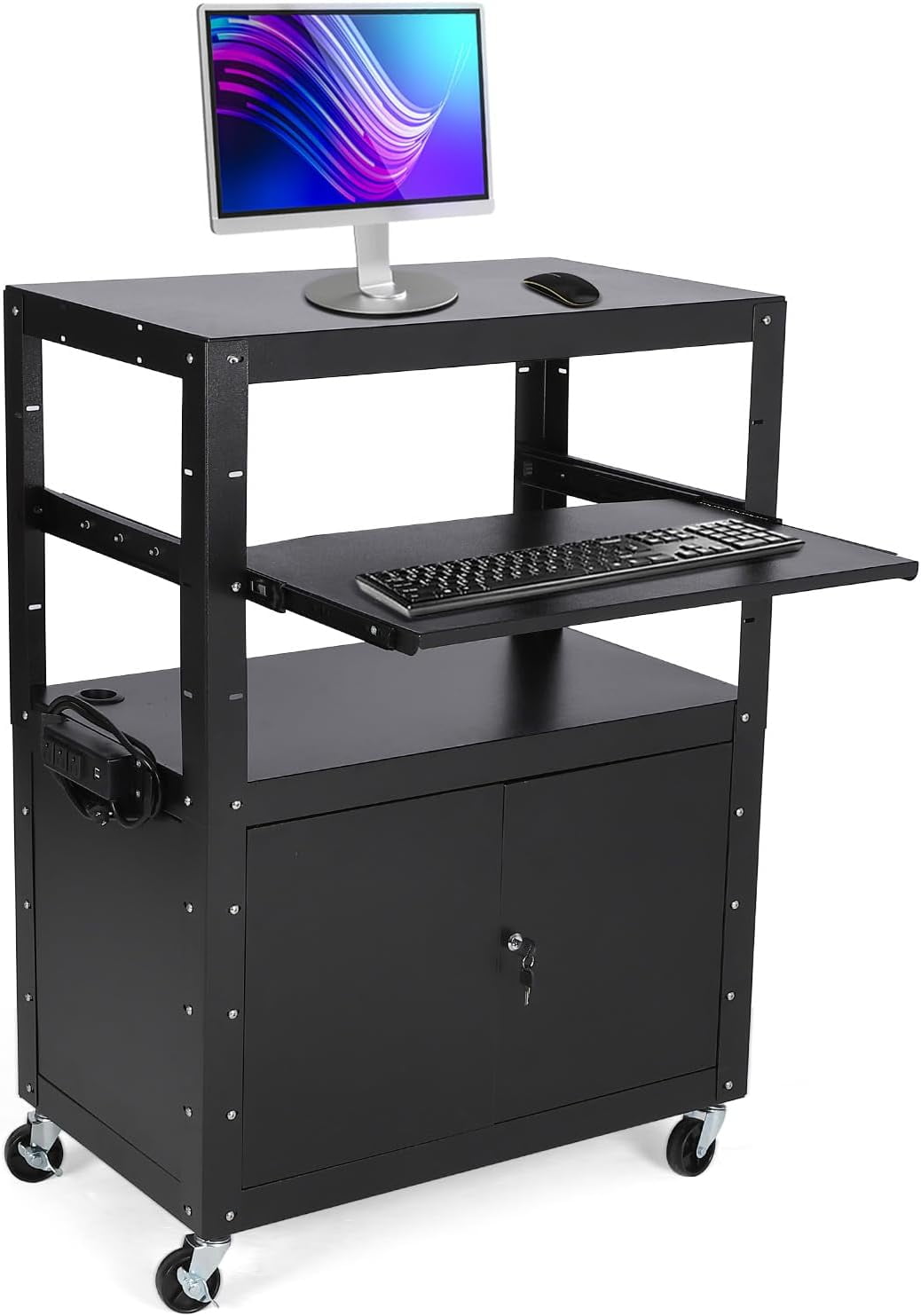 Av Cart with Keyboard Tary and Locking Cabinet, Height Adjustable ...