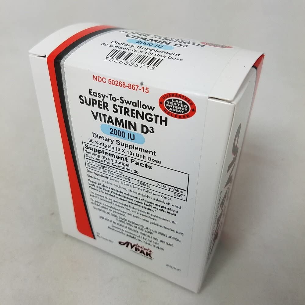 AvKare Vitamin D3 Softgels, 2000 IU, 50 Count - Walmart.com