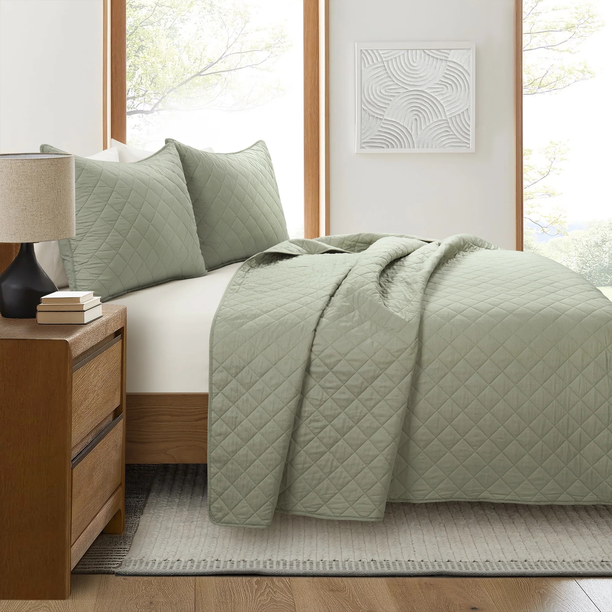 Ava Diamond Oversized Cotton Quilt Sage 3Pc Set King - Walmart.com