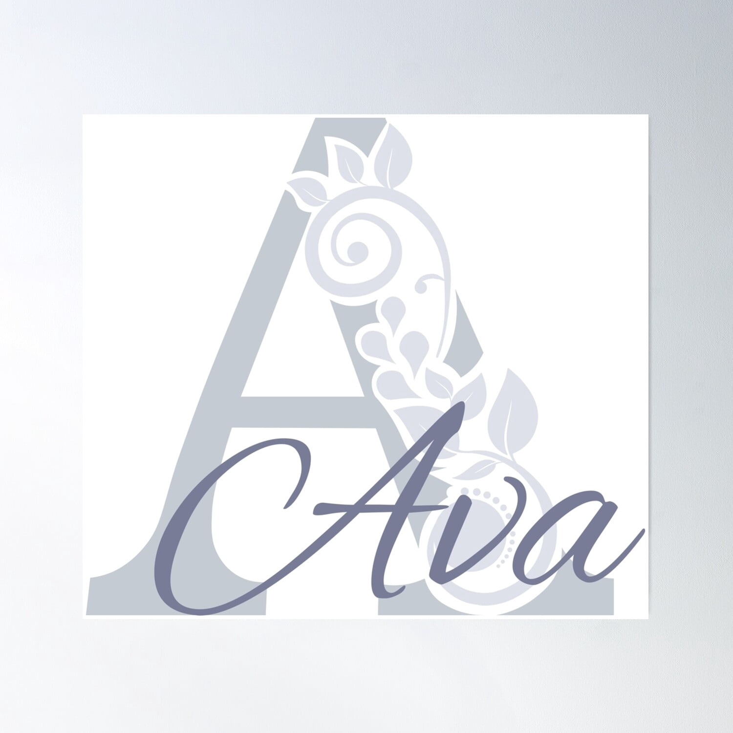 Ava – Elegant Design With Floral Letter A – Blue-Grey – (Customizable ...