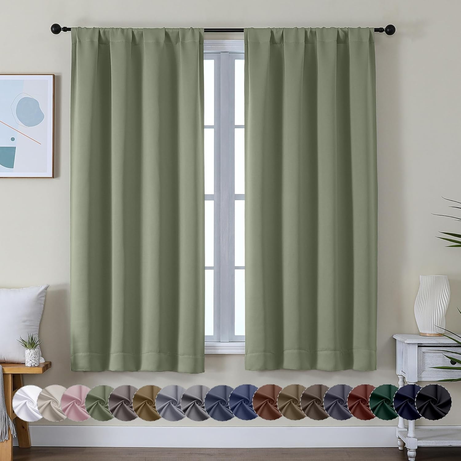 Ava Sage Green Blackout s for Bedroom 63 Inch Length 2 Panels Set, Solid Thermal Insulated ...