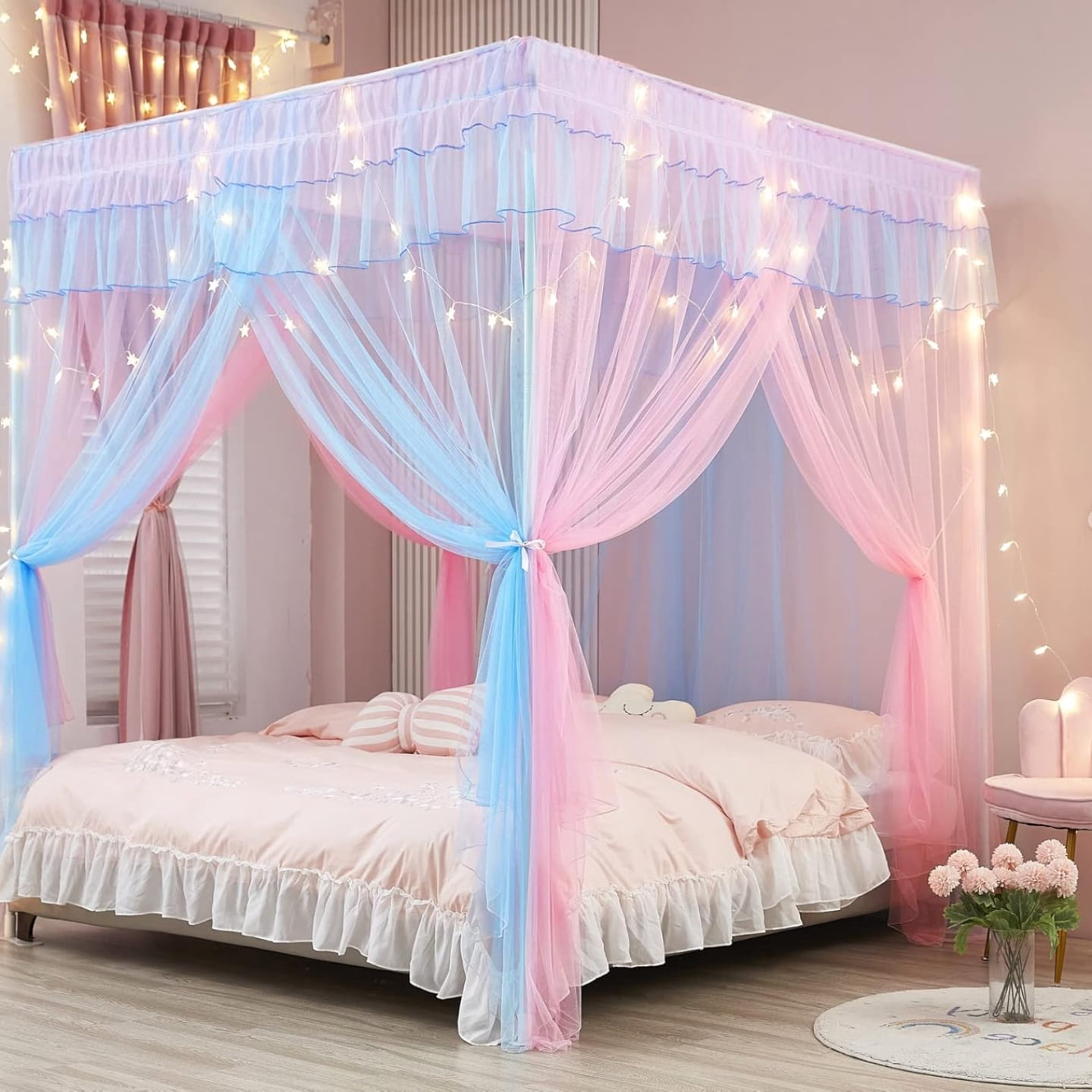 Available in four sizes, this four-corner bed canopy features polyester ...