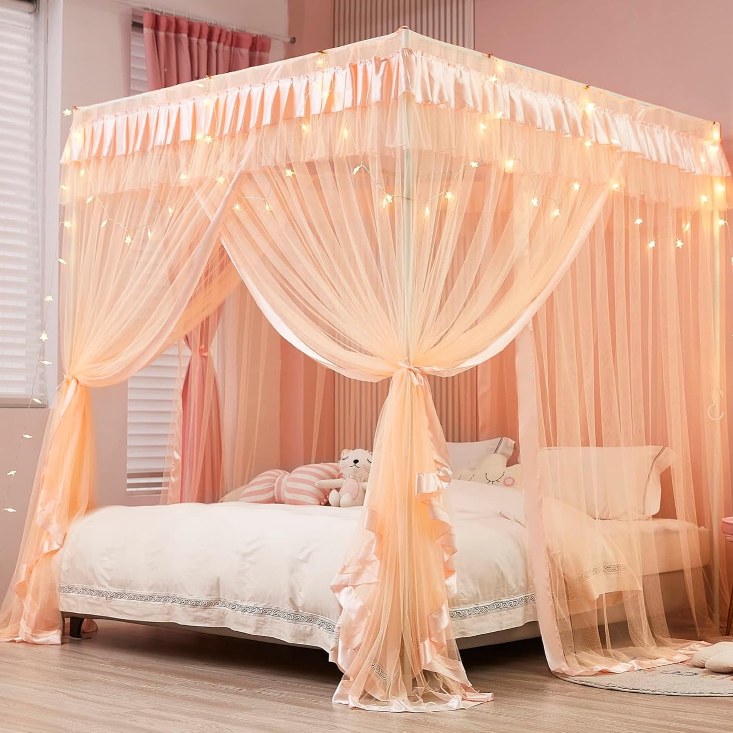 Available in four sizes, this four-corner bed canopy features polyester ...