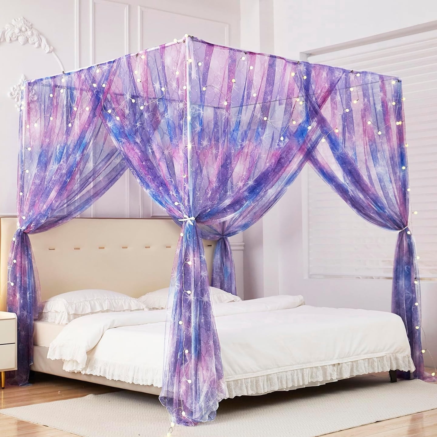 Available in four sizes, this four-corner bed canopy features polyester ...