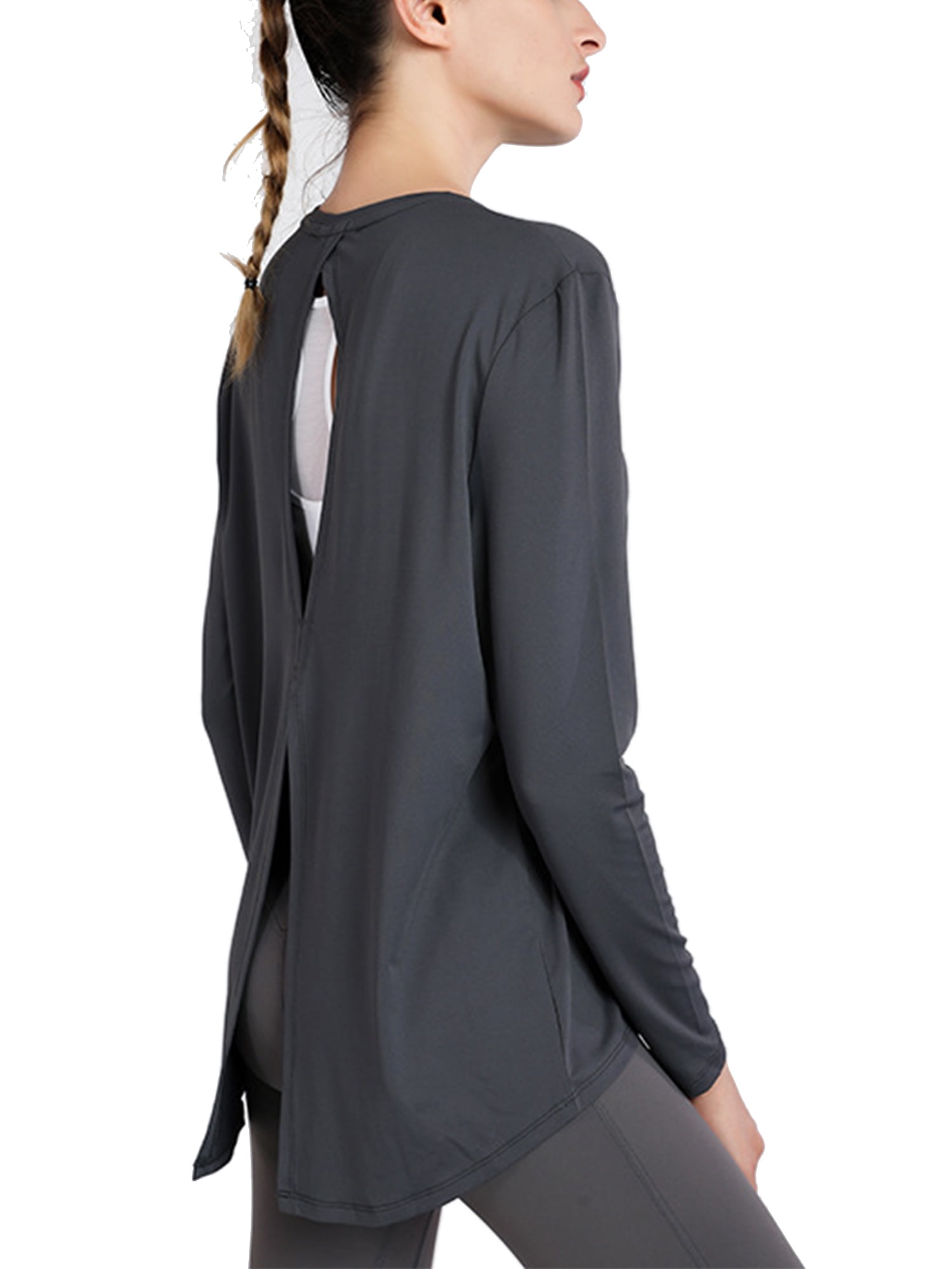 Avamo Long Sleeve Backless Yoga Blouse Tie Back for Women Loose Gym ...