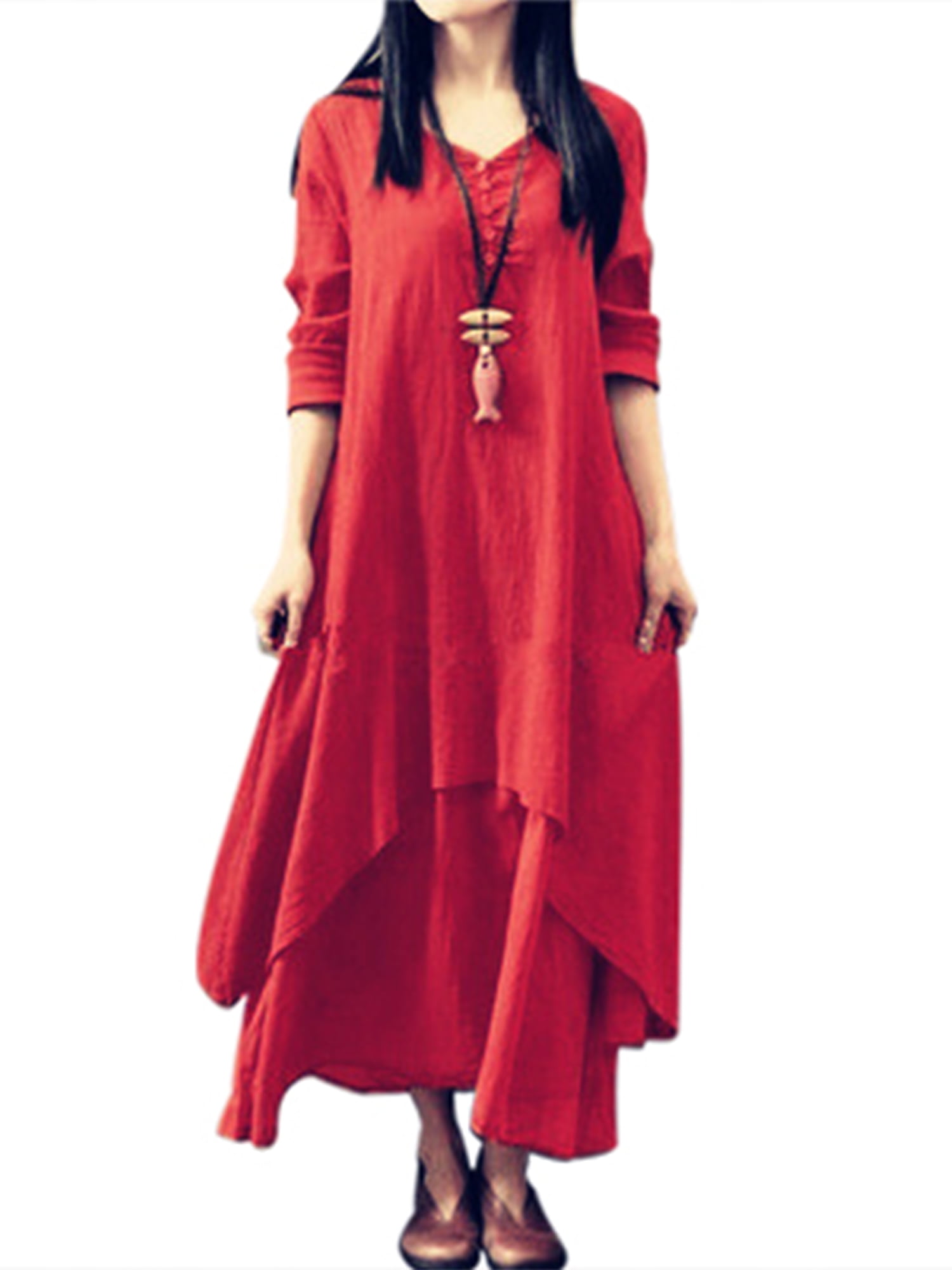 Avamo Women's Long Sleeve Solid Dress, Cotton Linen, High Low Hem ...