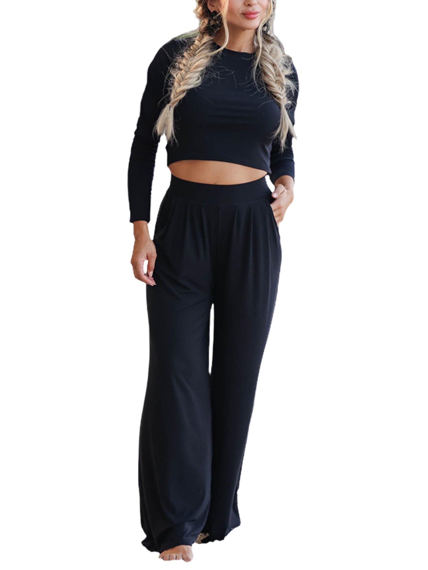 Avamo Women 2 Piece Outfits Lounge Set Long Sleeve Cropped Top +Wide ... Avamo Women 2 Piece Outfits Lounge Set Long Sleeve Cropped Top +Wide ...