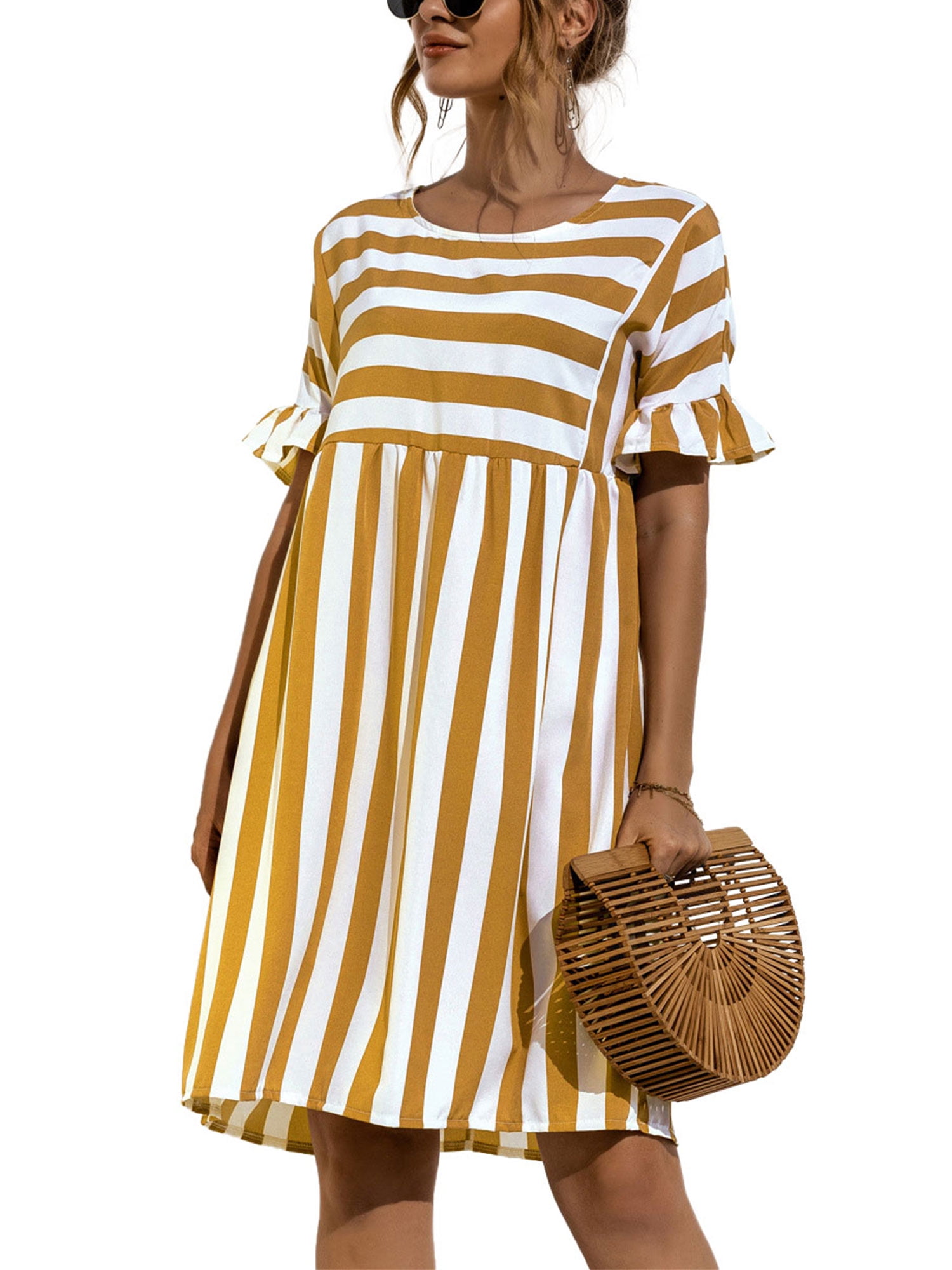 Avamo Women's Summer Midi Dress Round Neck Stripe Pattern Short Flowy ...