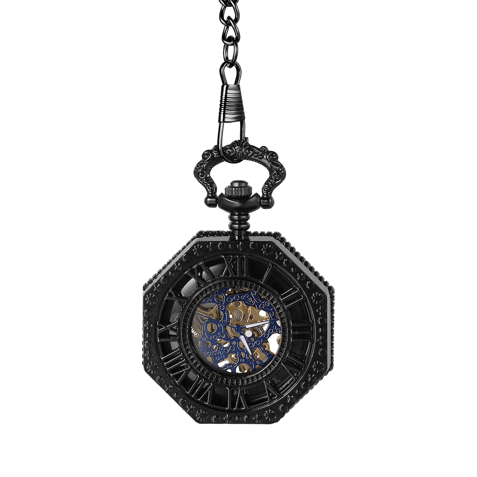 Avaner Men's Mechanical Octagonal Skeleton Pocket Watch: Roman Numeral ...