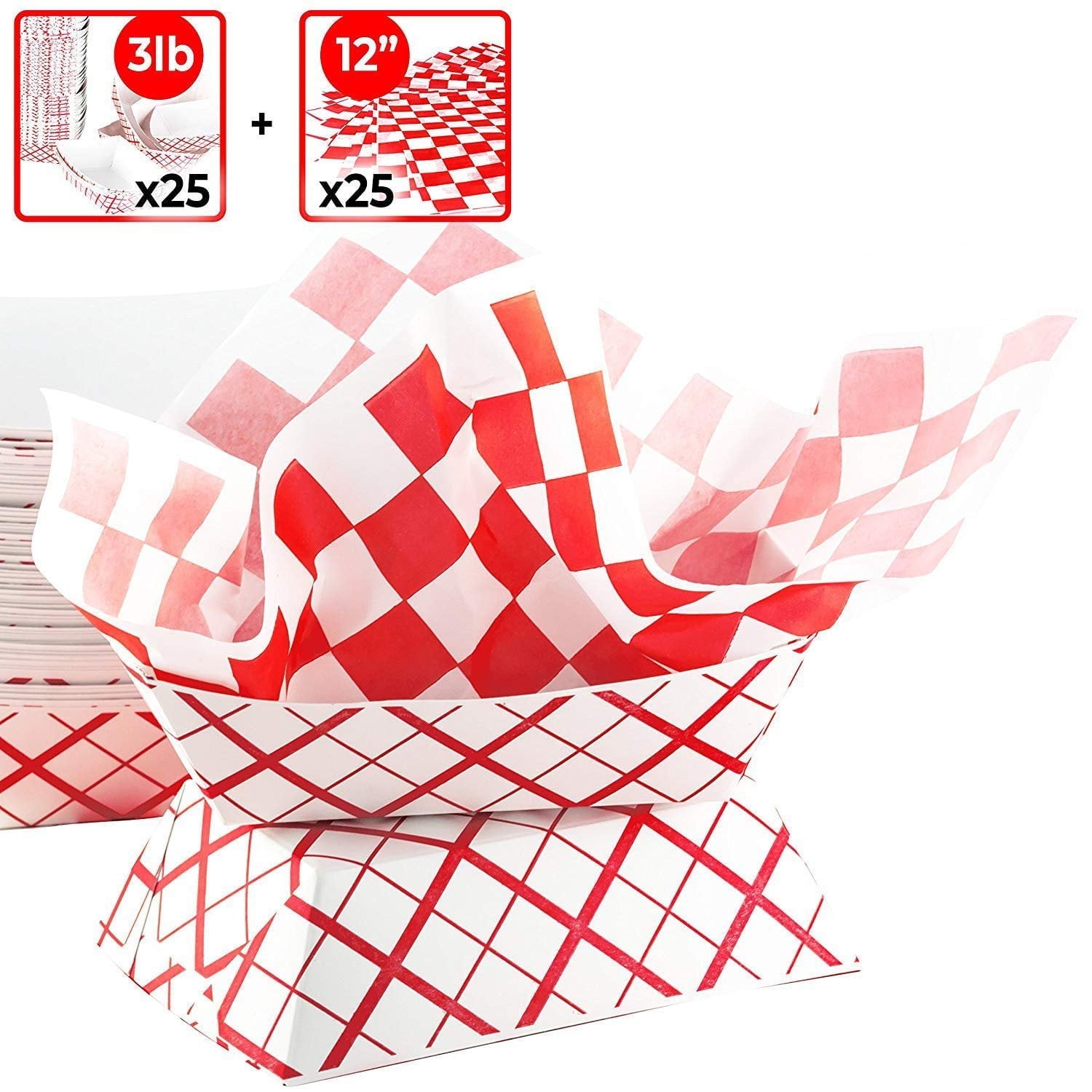 Avant Grub 3 lb Checkered Paper Food Tray with Matching Deli Liner, 25 ...