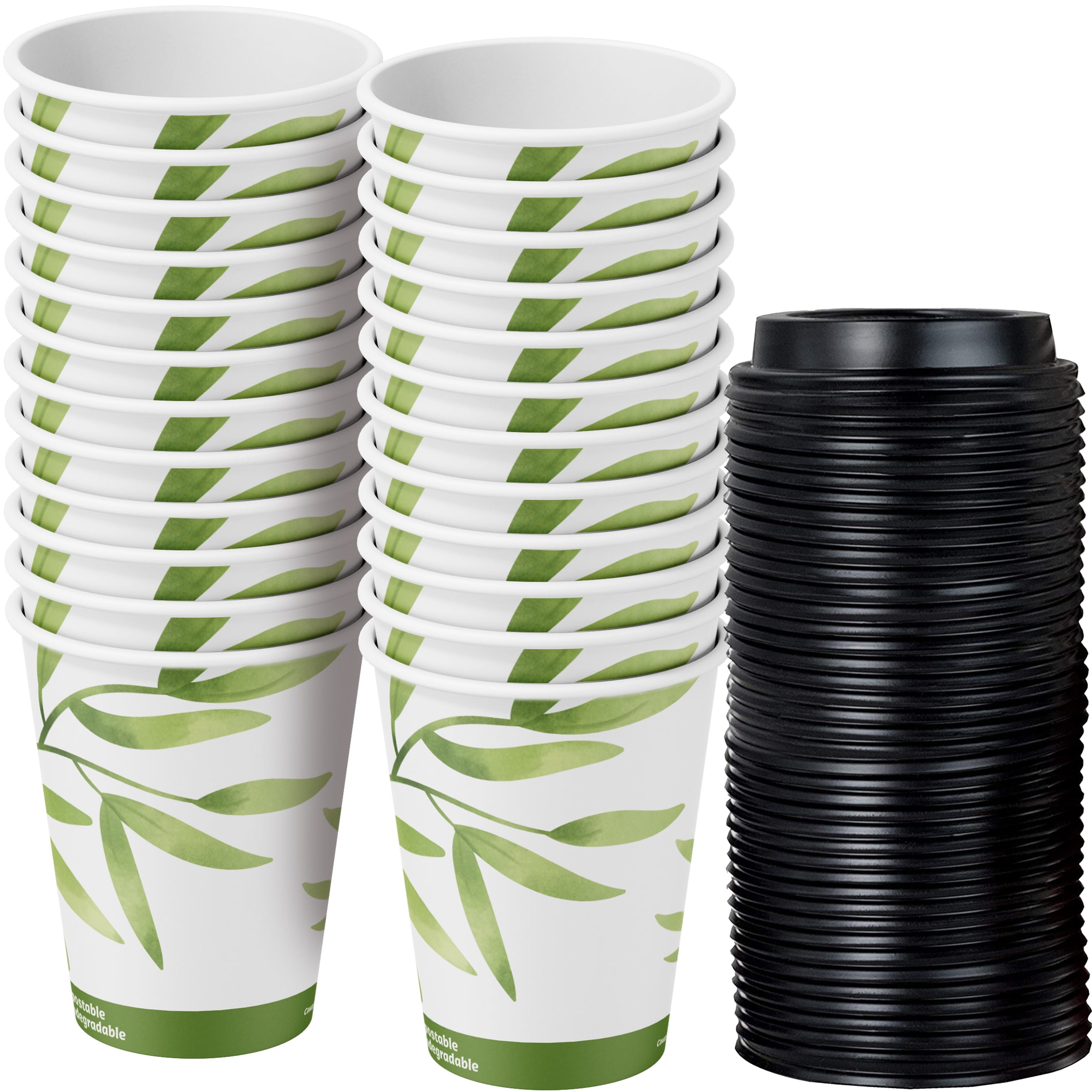 Avant Grub Paper Coffee Cups & Recyclable Dome Lids - Green Leaf Print ...