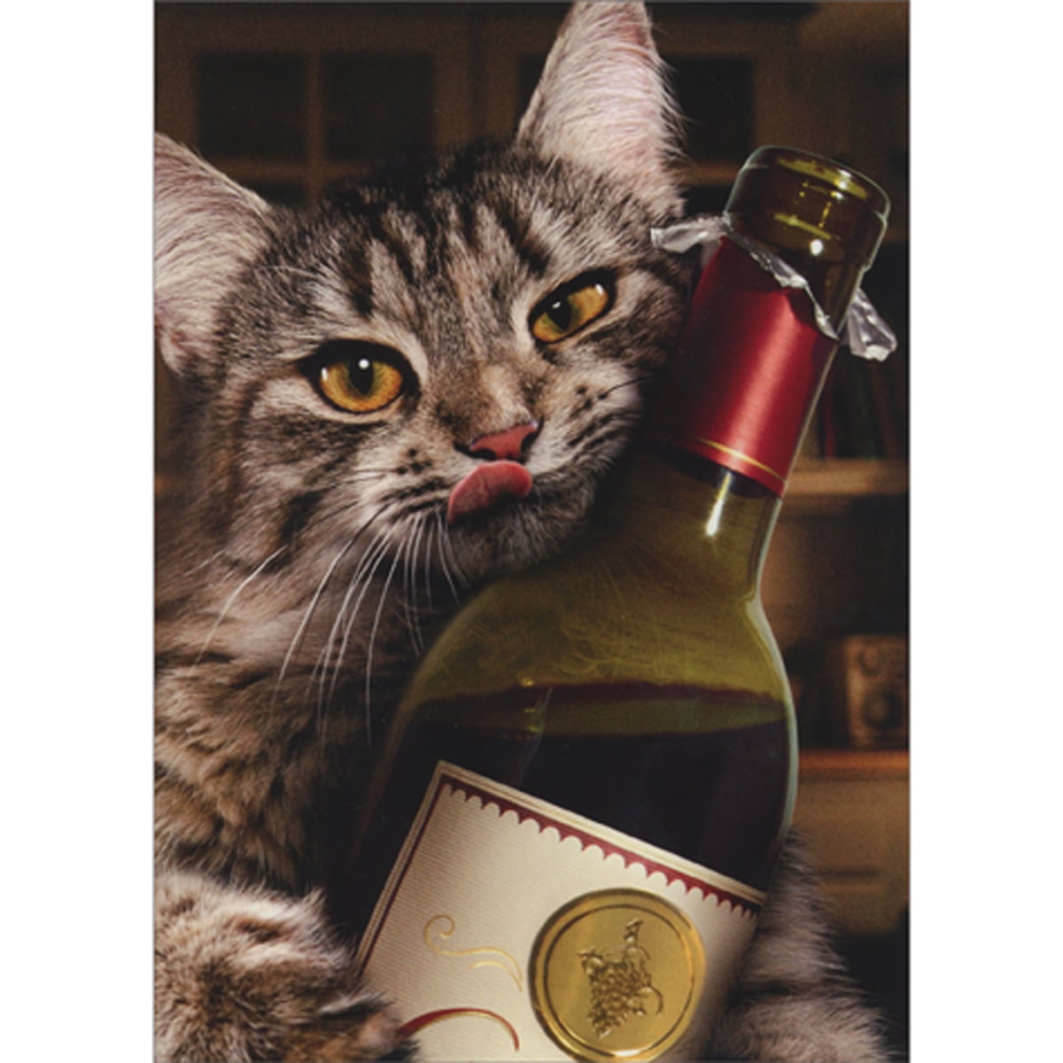 Avanti Press Cat Licking Lips While Holding Wine Bottle Alcohol Themed Funny / Humorous Birthday ...