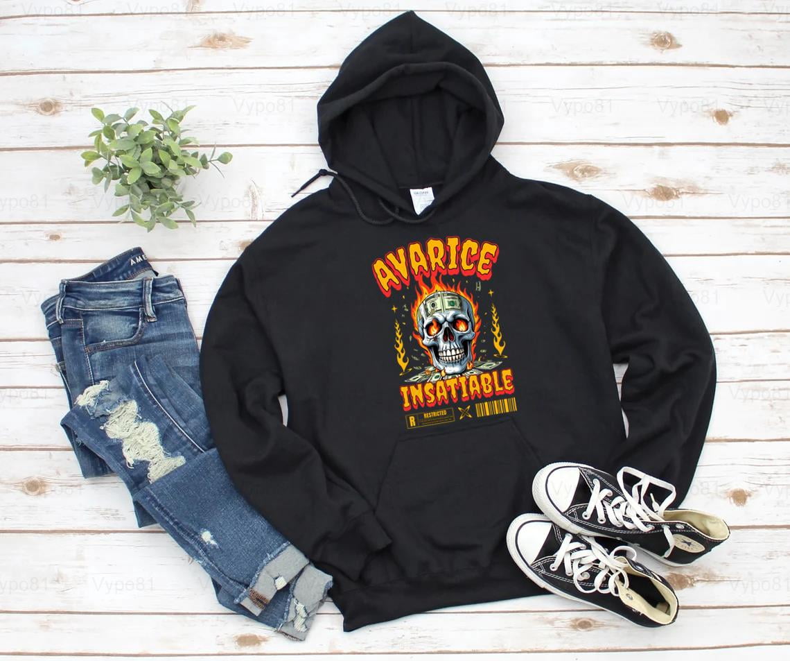 Avarice T-shirt, Sweatshirt, Hoodie with Bold Insatiable Graphic Style ...