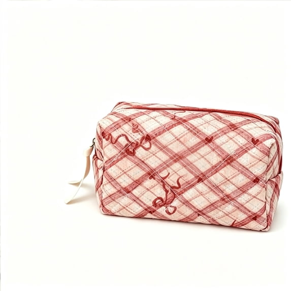 Avdolw Checkered Quilted Cosmetic Bag with Bow - Soft Cotton Travel ...