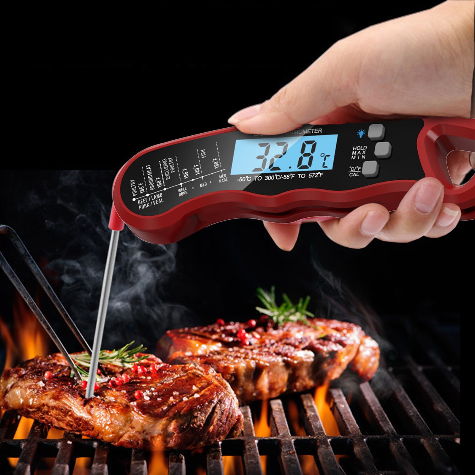 Avdolw Red Folding Food Thermometer - Meat Barbecue, Baby Milk, Kitchen Baking - IP67 Waterproof ...