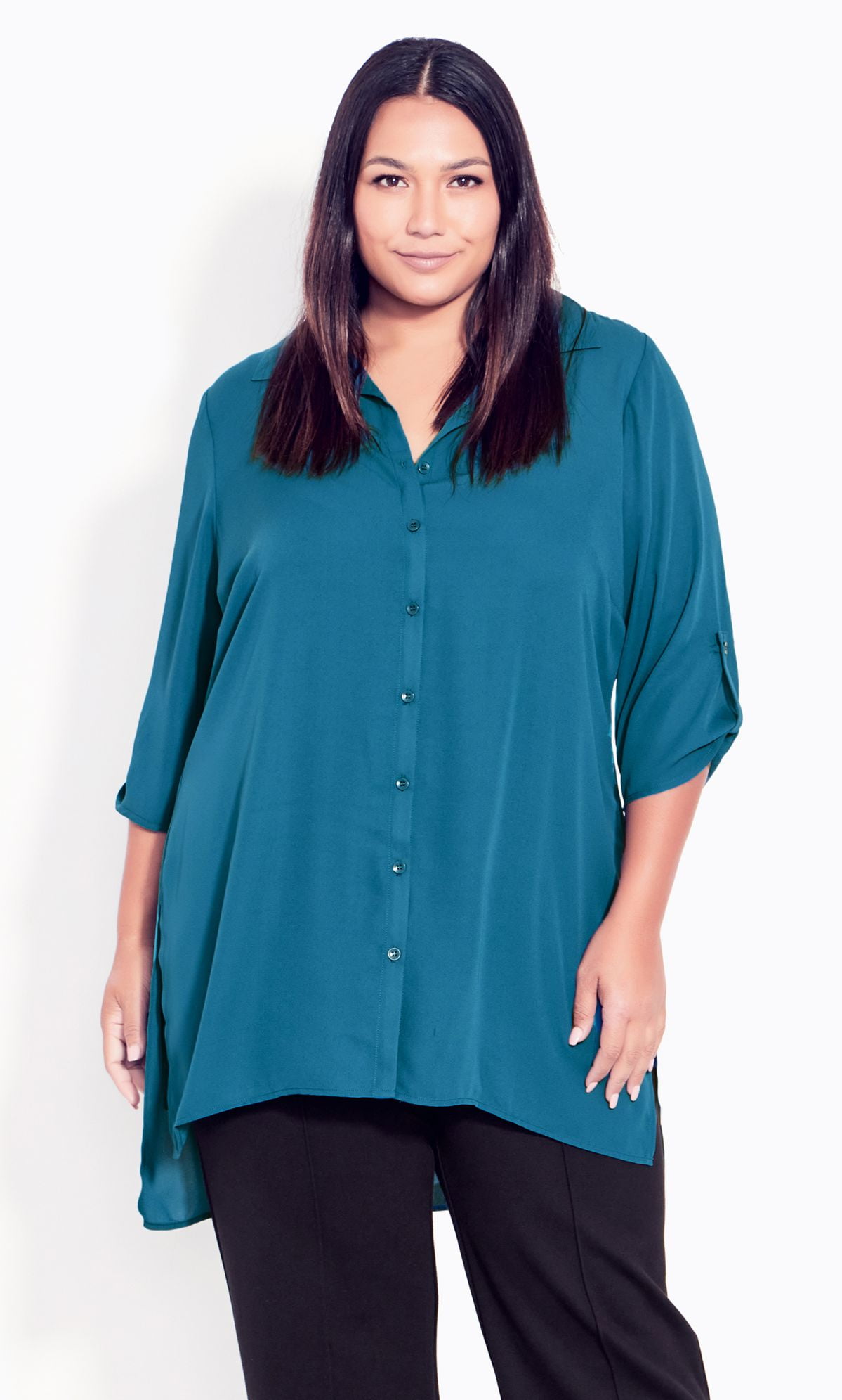 Ave Studio Women's Plus Size Longline Buttoned Relaxed Fit Blouse ...