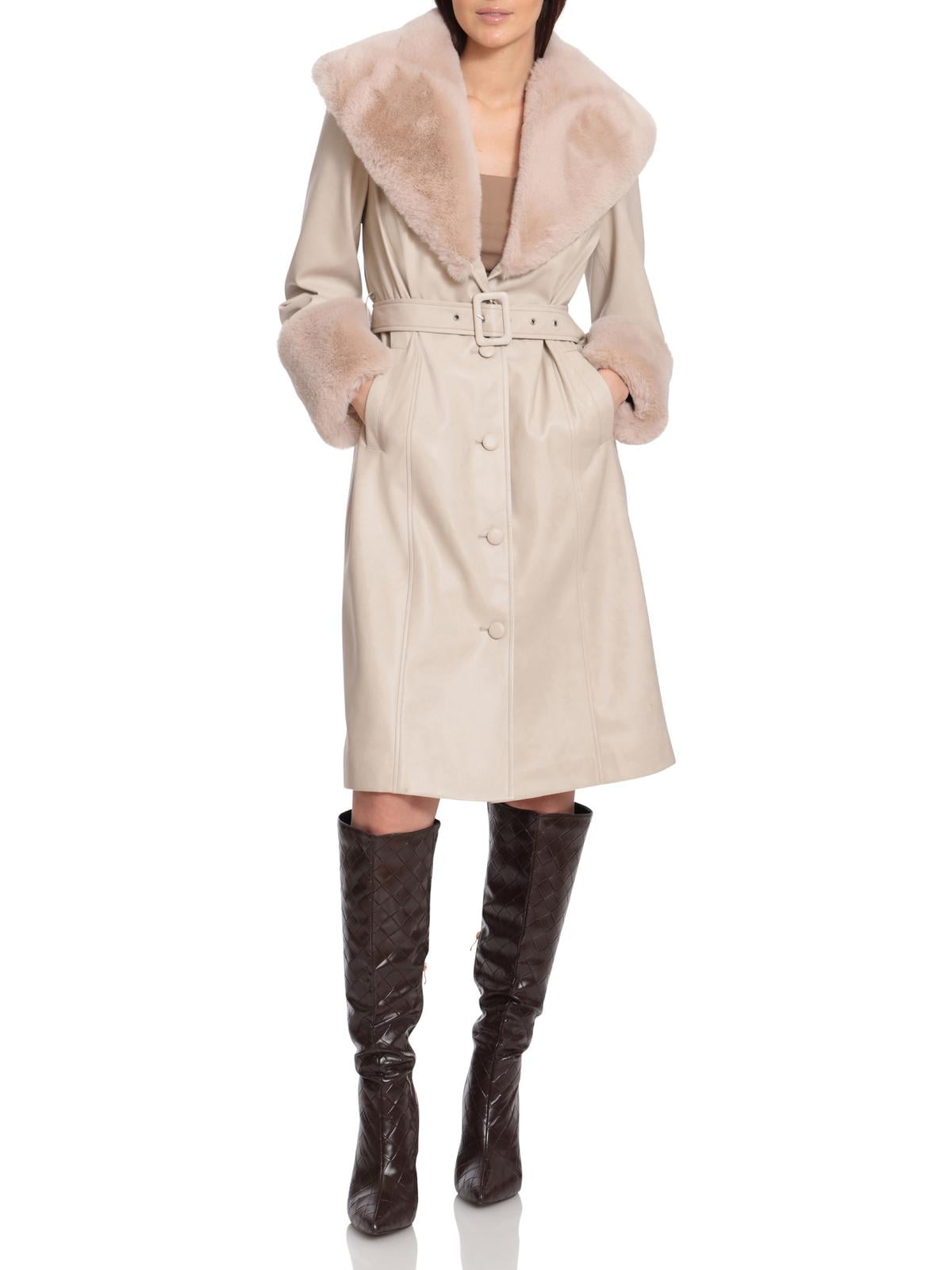 Avec Les Filles Womens Belted Faux Fur Trim Walker Coat