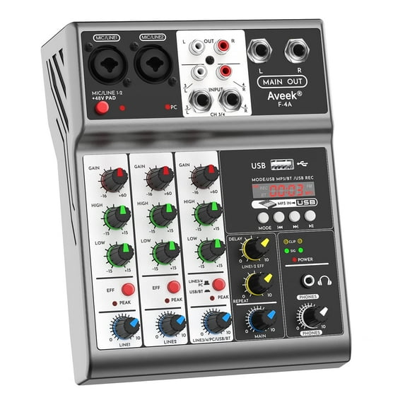 Aveek Audio Mixer, 4 Channel Digital Console with USB, Bluetooth, Echo ...