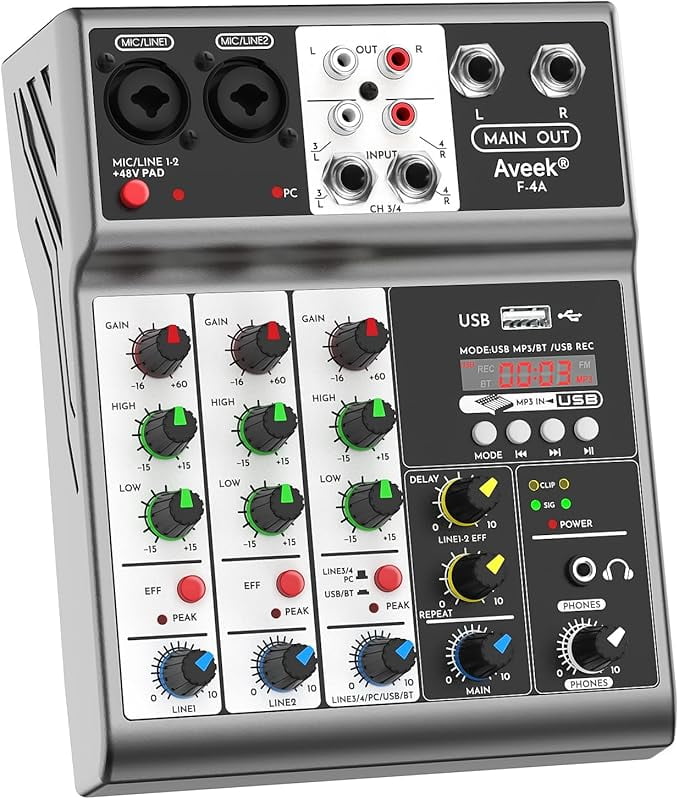 Aveek Audio Mixer, 4 Channel Digital Console with USB, Bluetooth, Echo ...