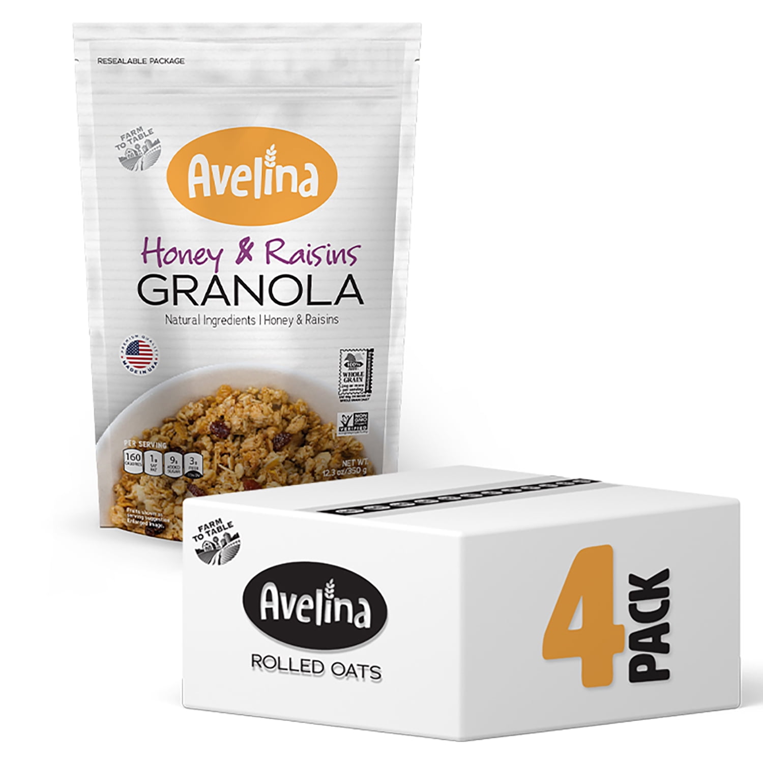 Avelina Granola, Honey & Raisins, Crunchy, Nutritious, 4-Pack (12.3 oz ...