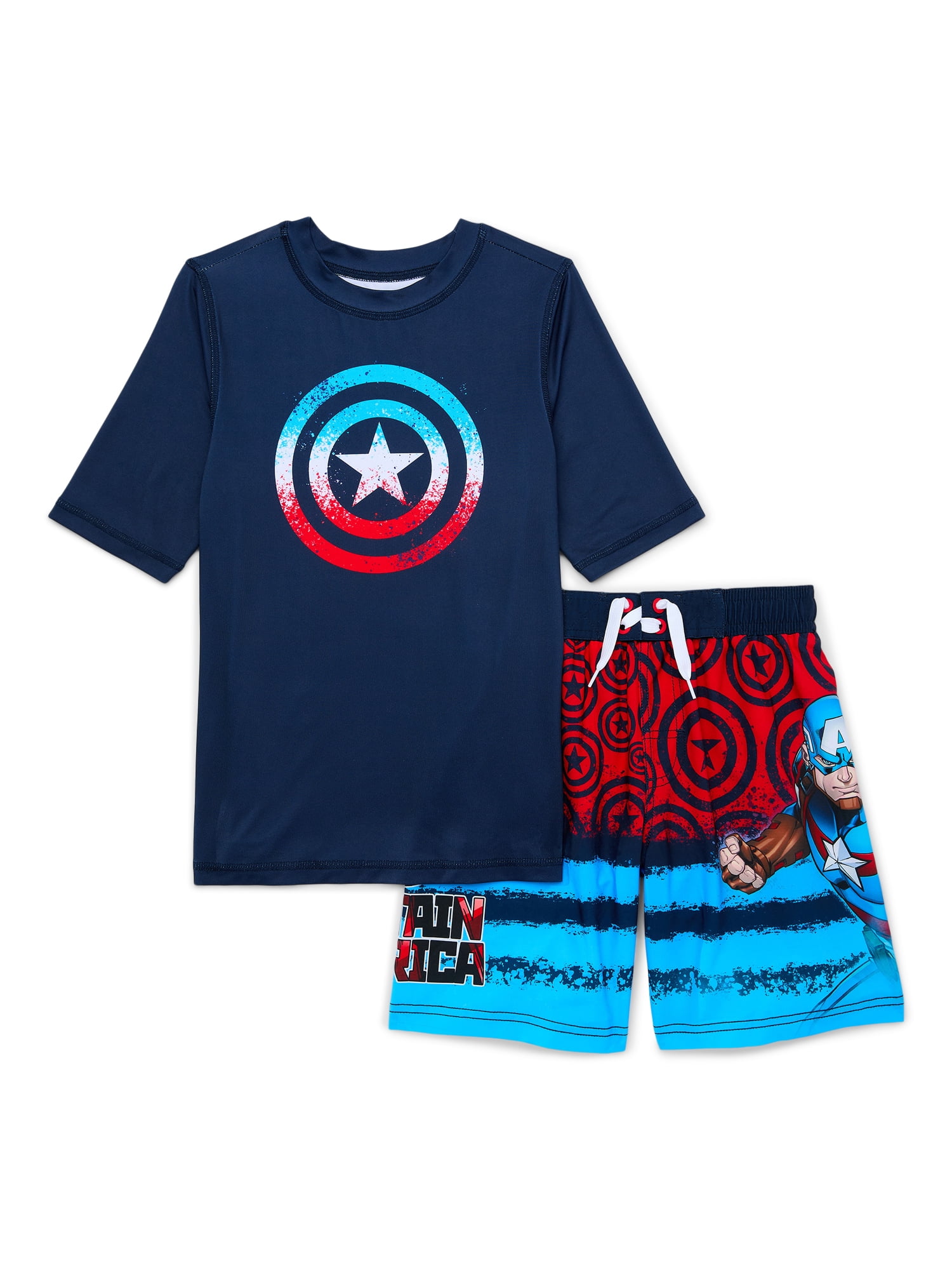 Avengers Boys’ Captain America Rash Guard and Swim Trunks Set, 2-Piece ...