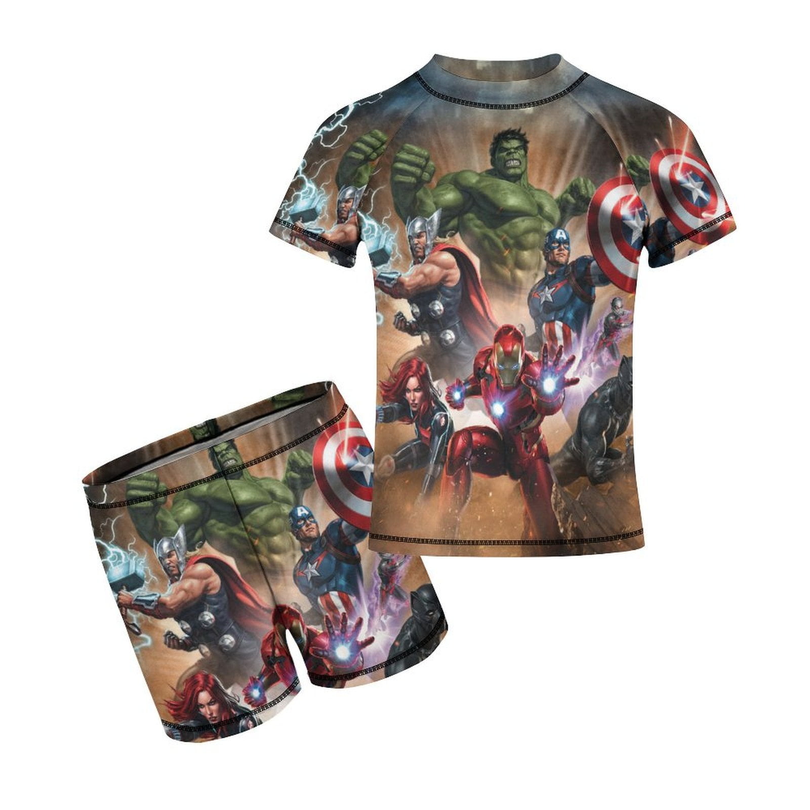 Avengers Boys Two Piece Swimsuit Kids Swimwear Set Short Sleeve Bathing ...