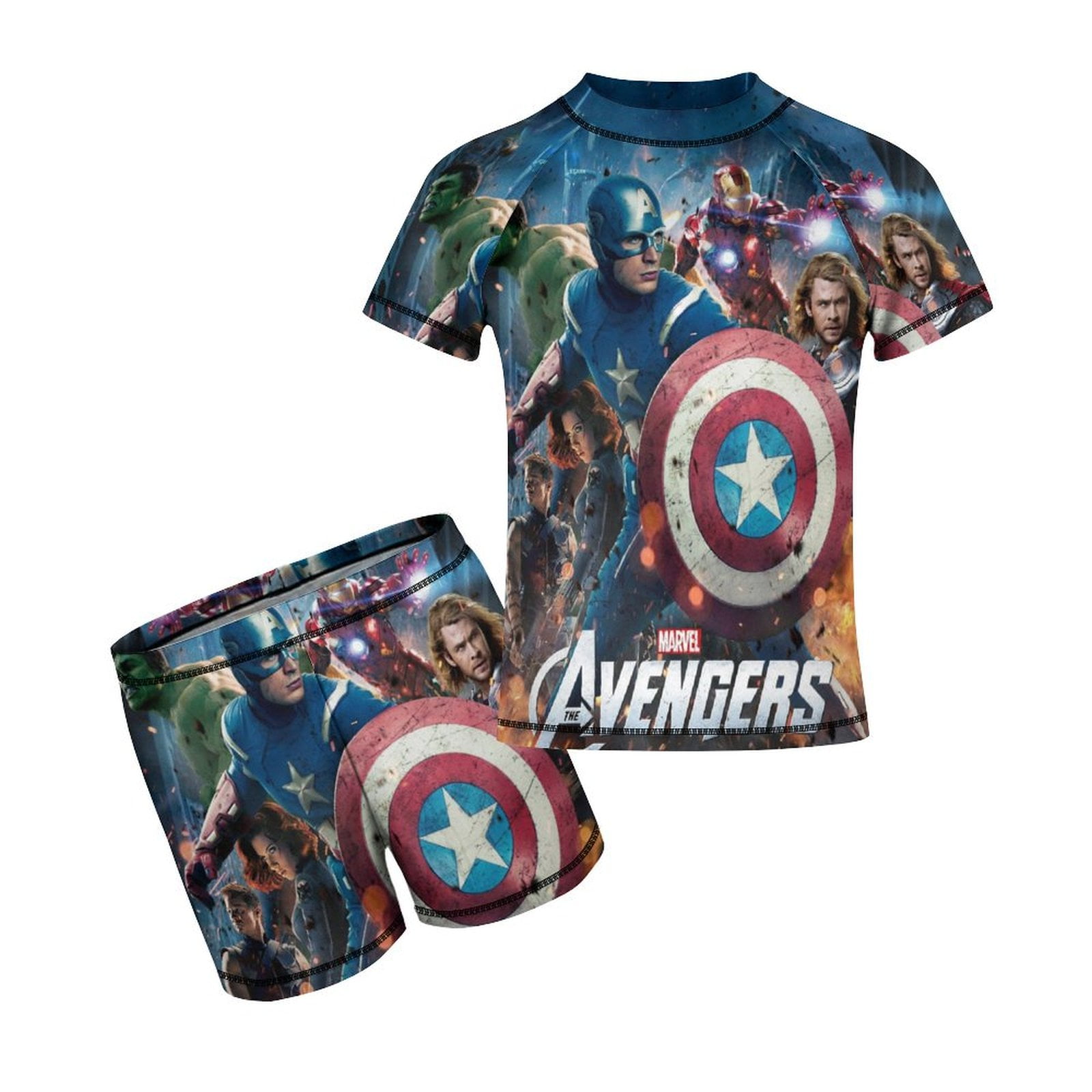 Avengers Boys Two Piece Swimsuit Kids Swimwear Set Short Sleeve Bathing ...