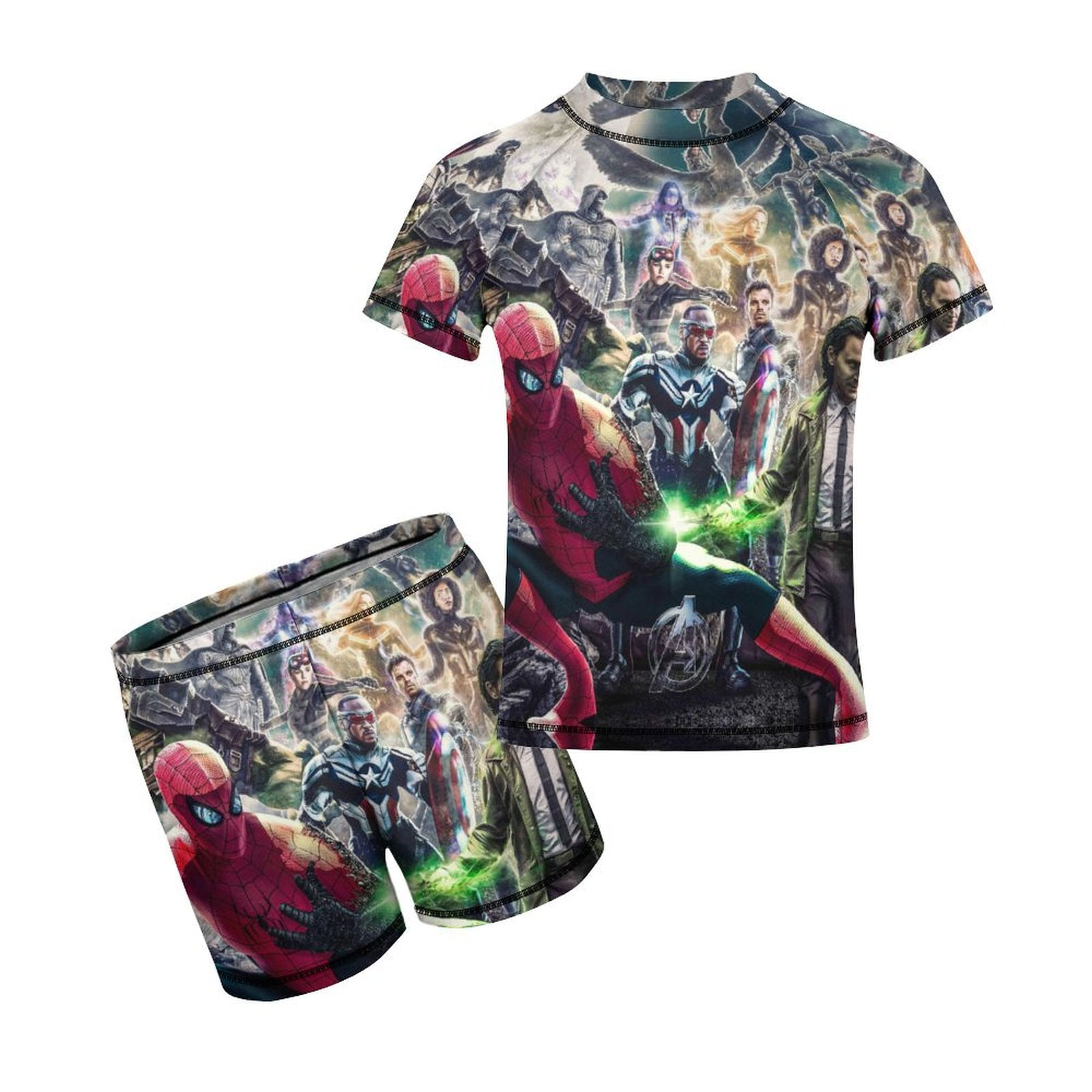 Avengers Boys Two Piece Swimsuit Kids Swimwear Set Short Sleeve Bathing ...